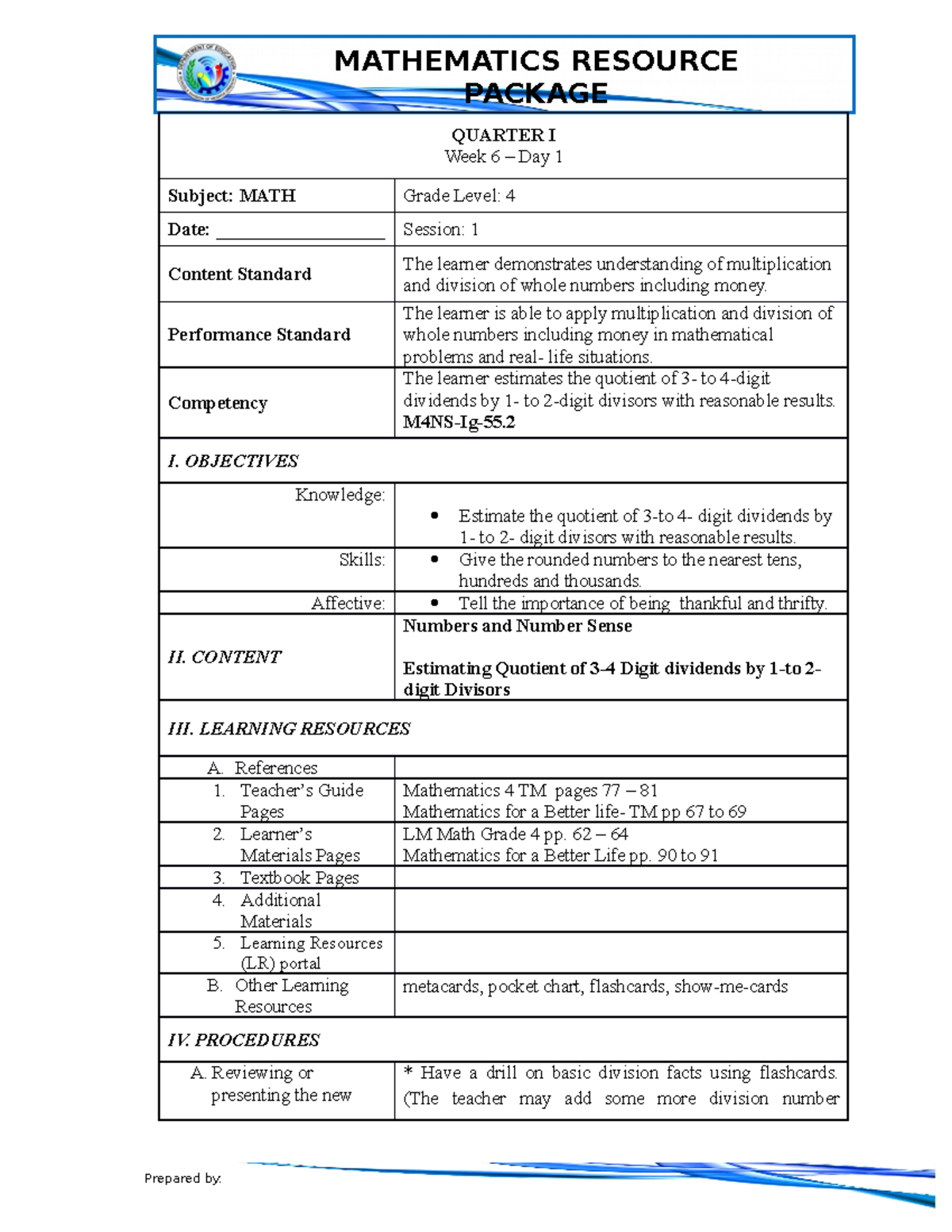 MATH4 Q1 WEEK7 DAY1 - good - PACKAGE QUARTER I Week 6 – Day 1 Subject ...