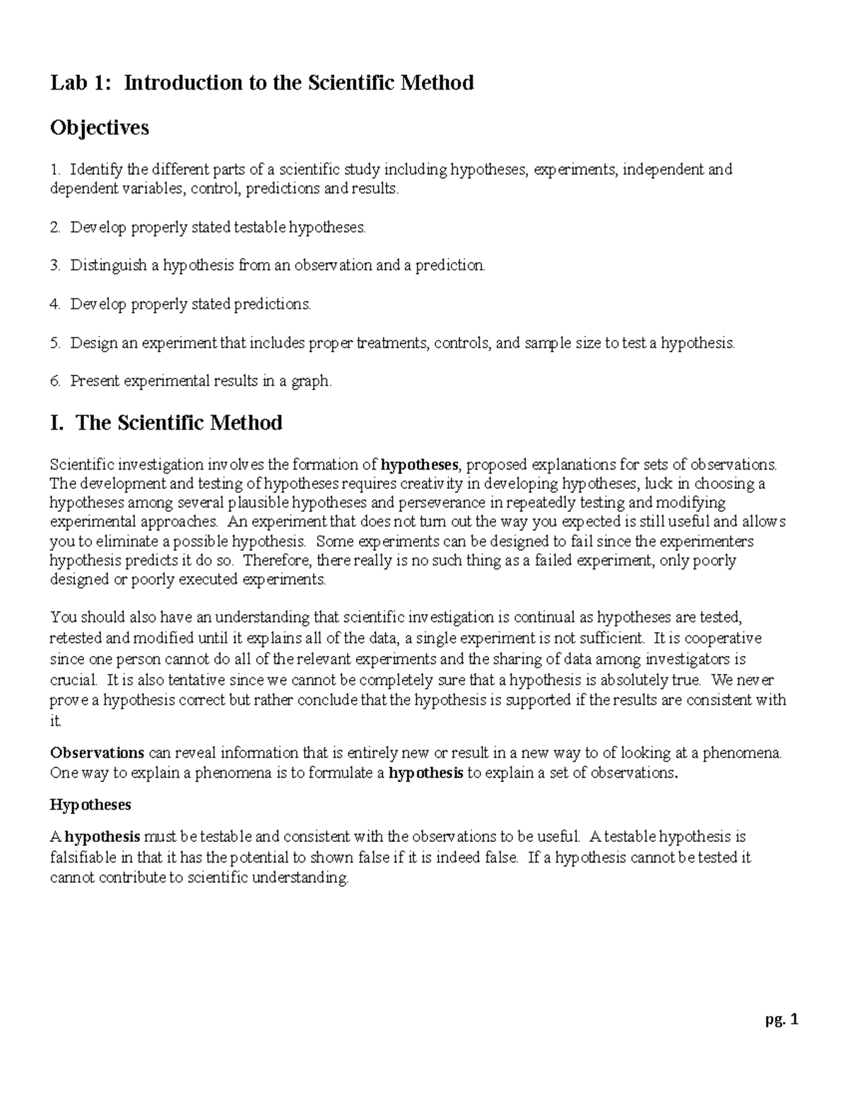 Bio 101V01 Lab 1 Scientific Method - Lab 1: Introduction to the ...