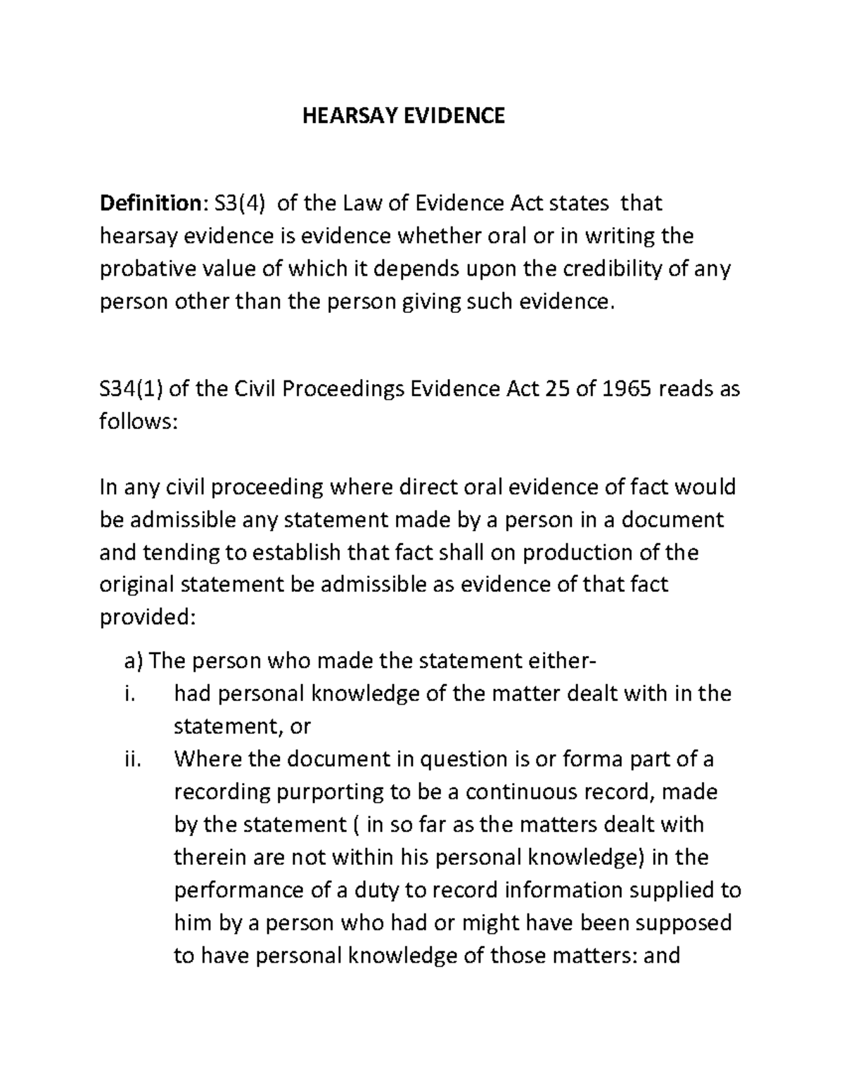 Lesson 6 - Hearsay Evidence - LLB - UP - Studocu