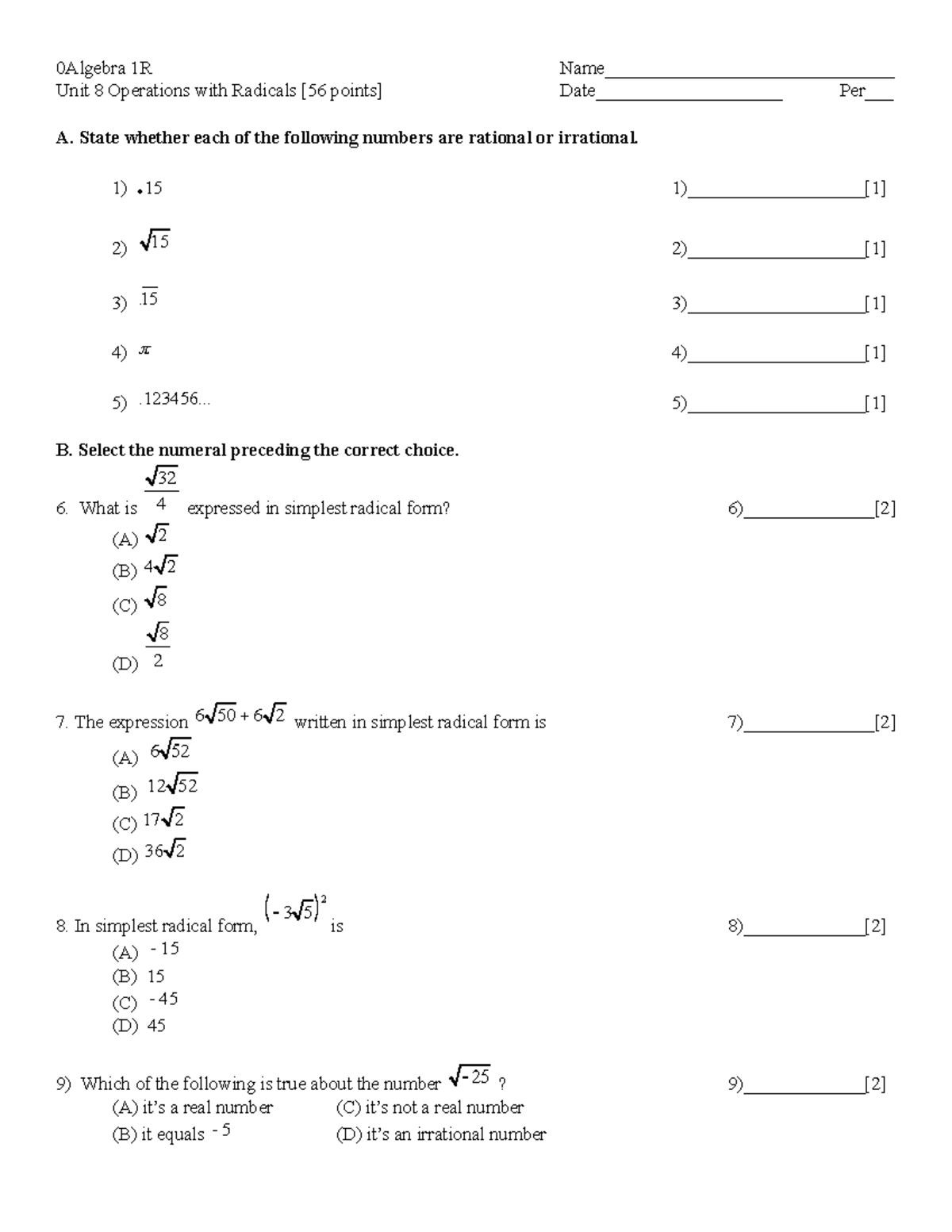 Unit 8 radicals test A - Lecture notes 1 - 0Algebra 1R Name