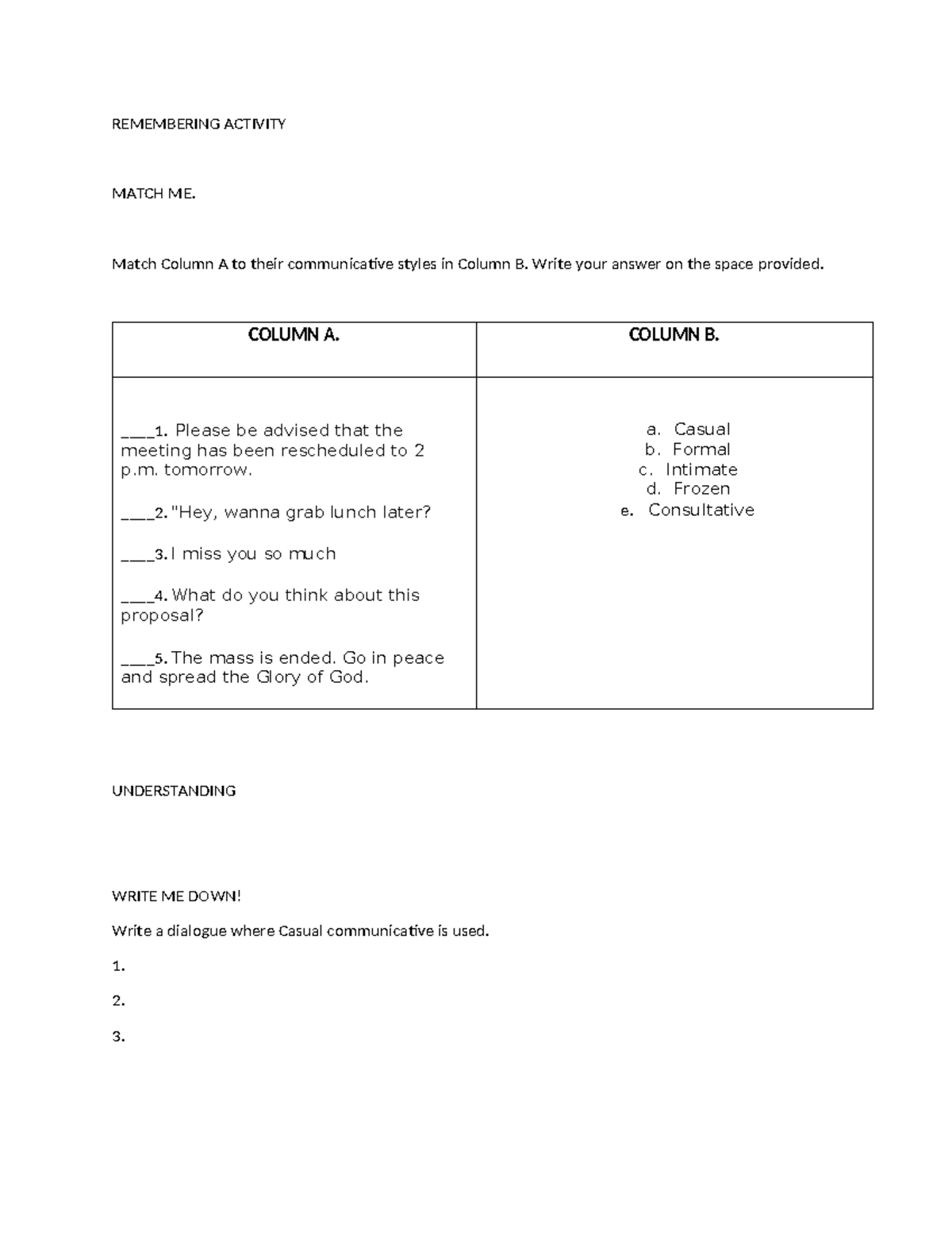 Casual - REMEMBERING ACTIVITY MATCH ME. Match Column A to their ...
