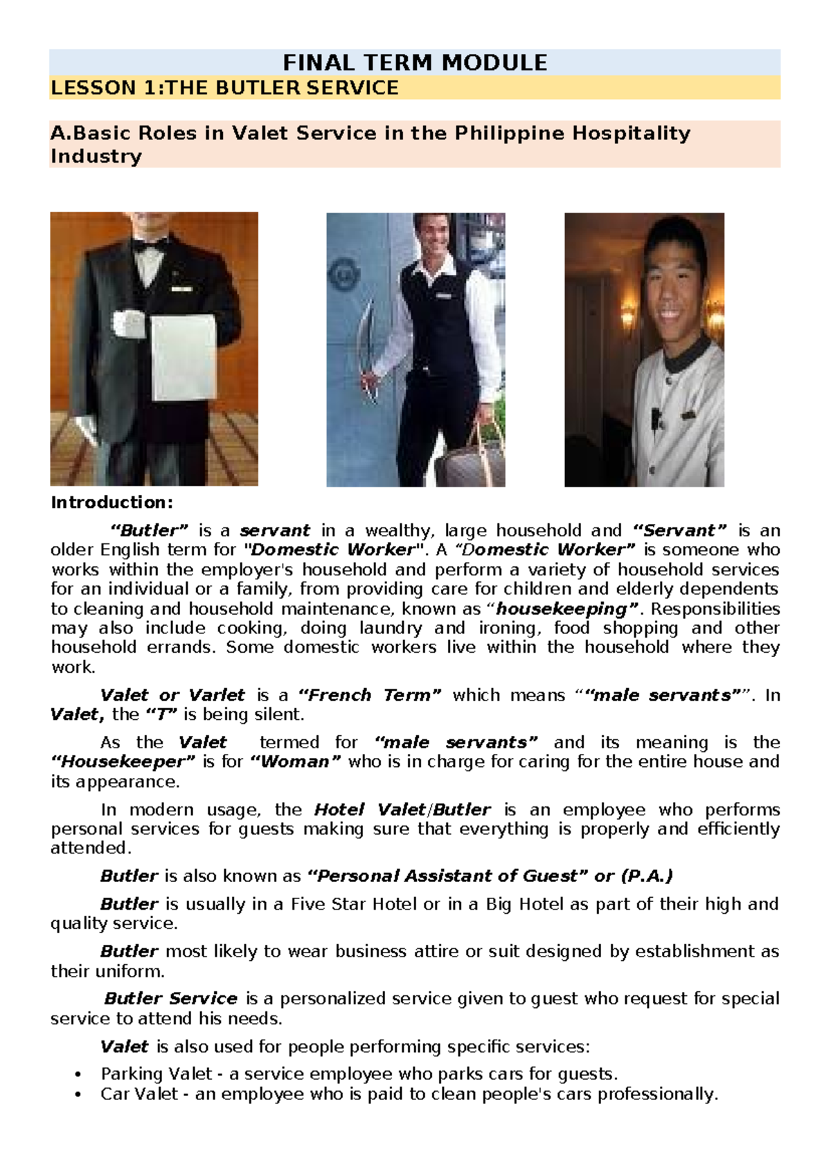 Final Lesson 1 Butler Service 222 - FINAL TERM MODULE LESSON 1:THE ...