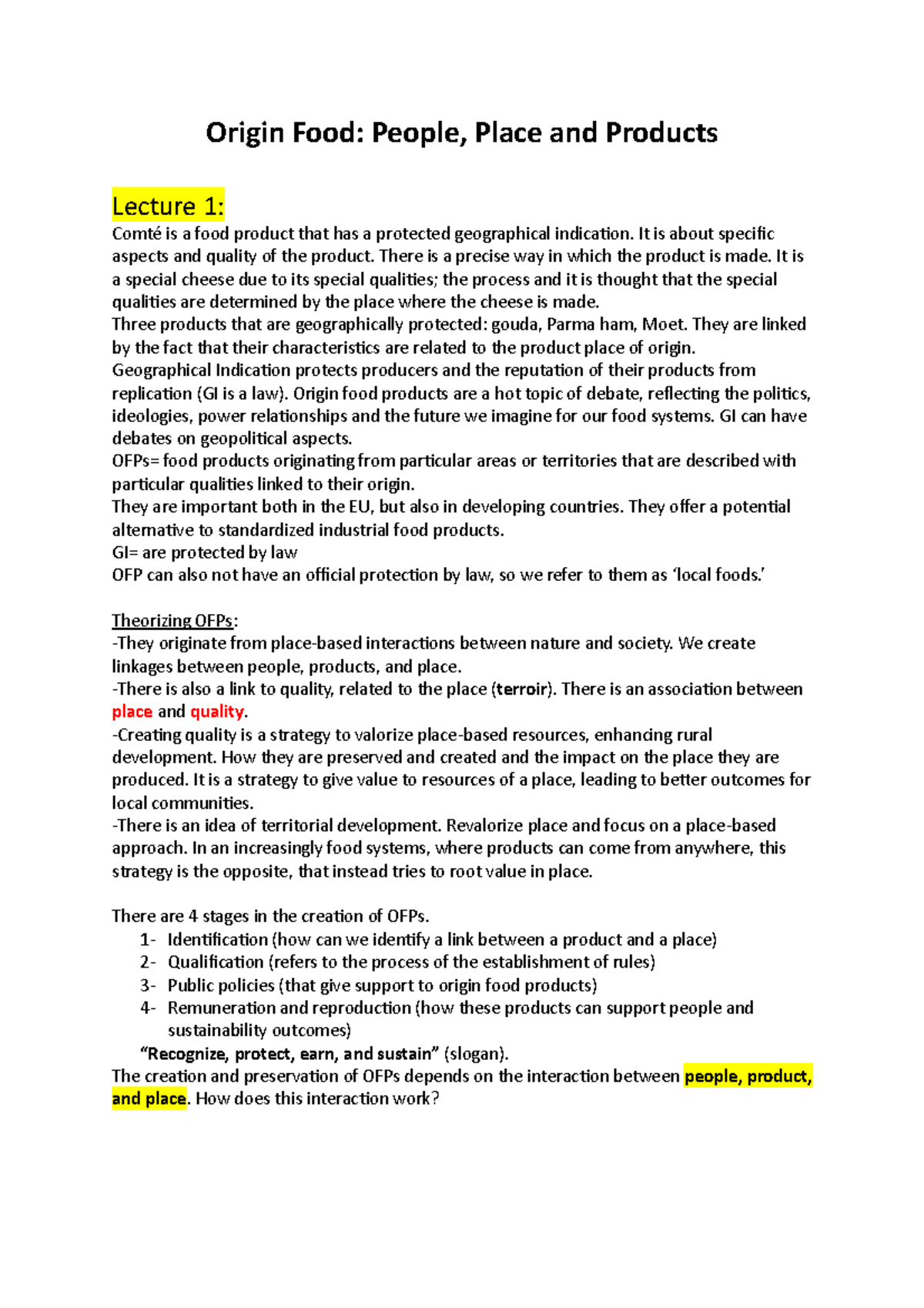 Origin Food - Lectures and Articles notes - Origin Food: People, Place ...