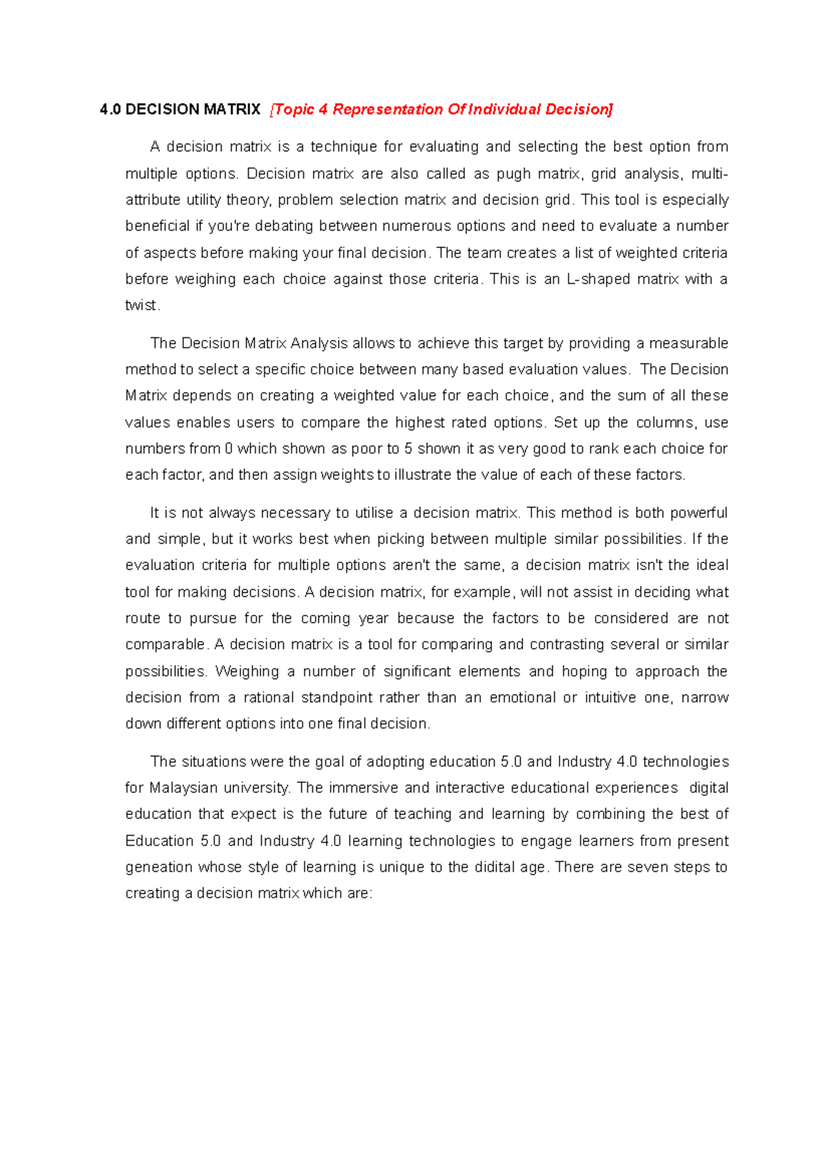 Decision matric - nothing - 4 DECISION MATRIX [ Topic 4 Representation ...