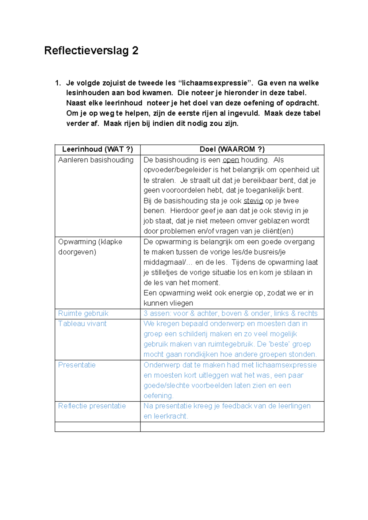 Reflectieverslag 2 - Je volgde zojuist de tweede les “lichaamsexpressie”. Ga even na welke - Studocu