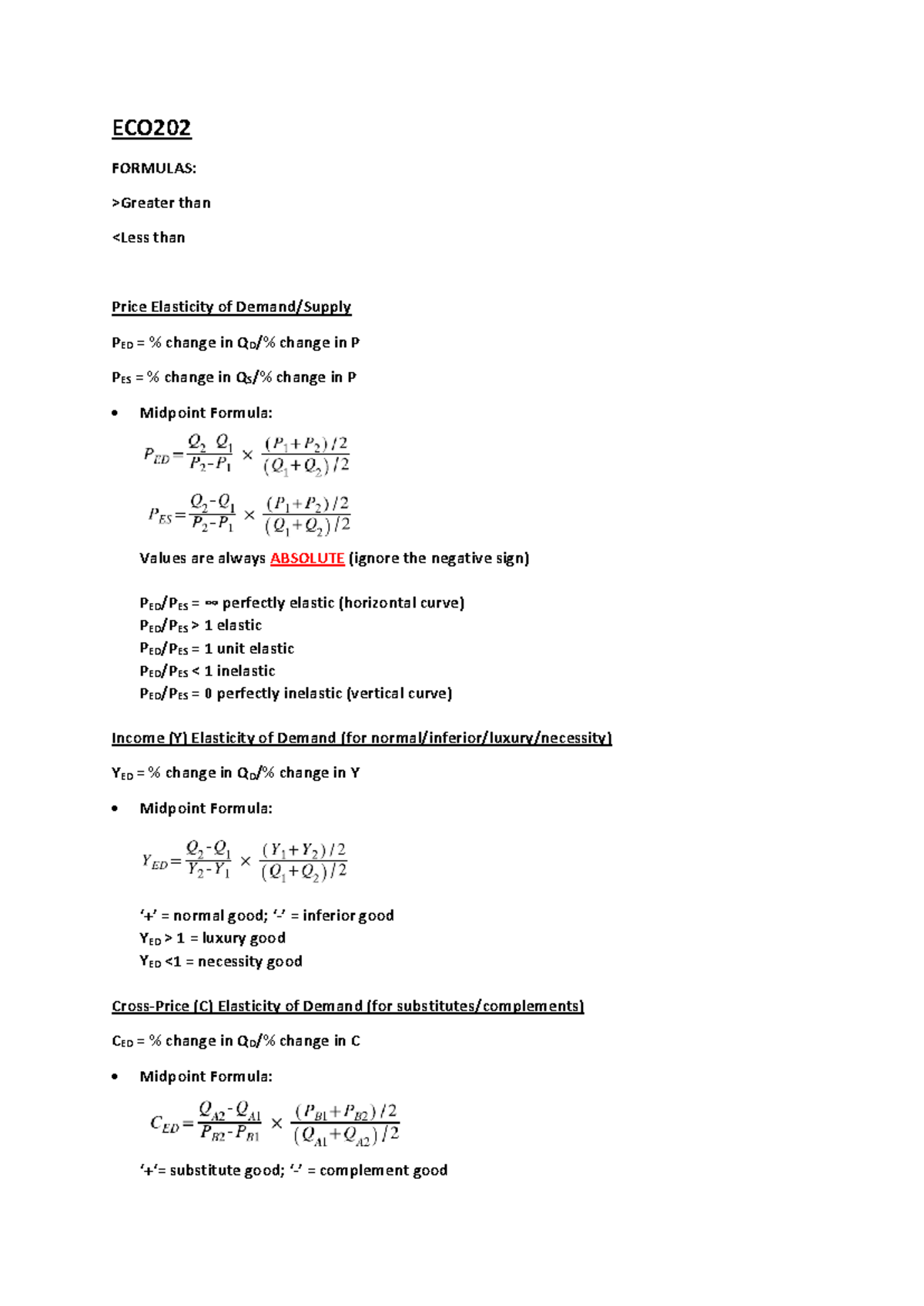 ECO202 TOA Formula sheet - ECO FORMULAS: >Greater than