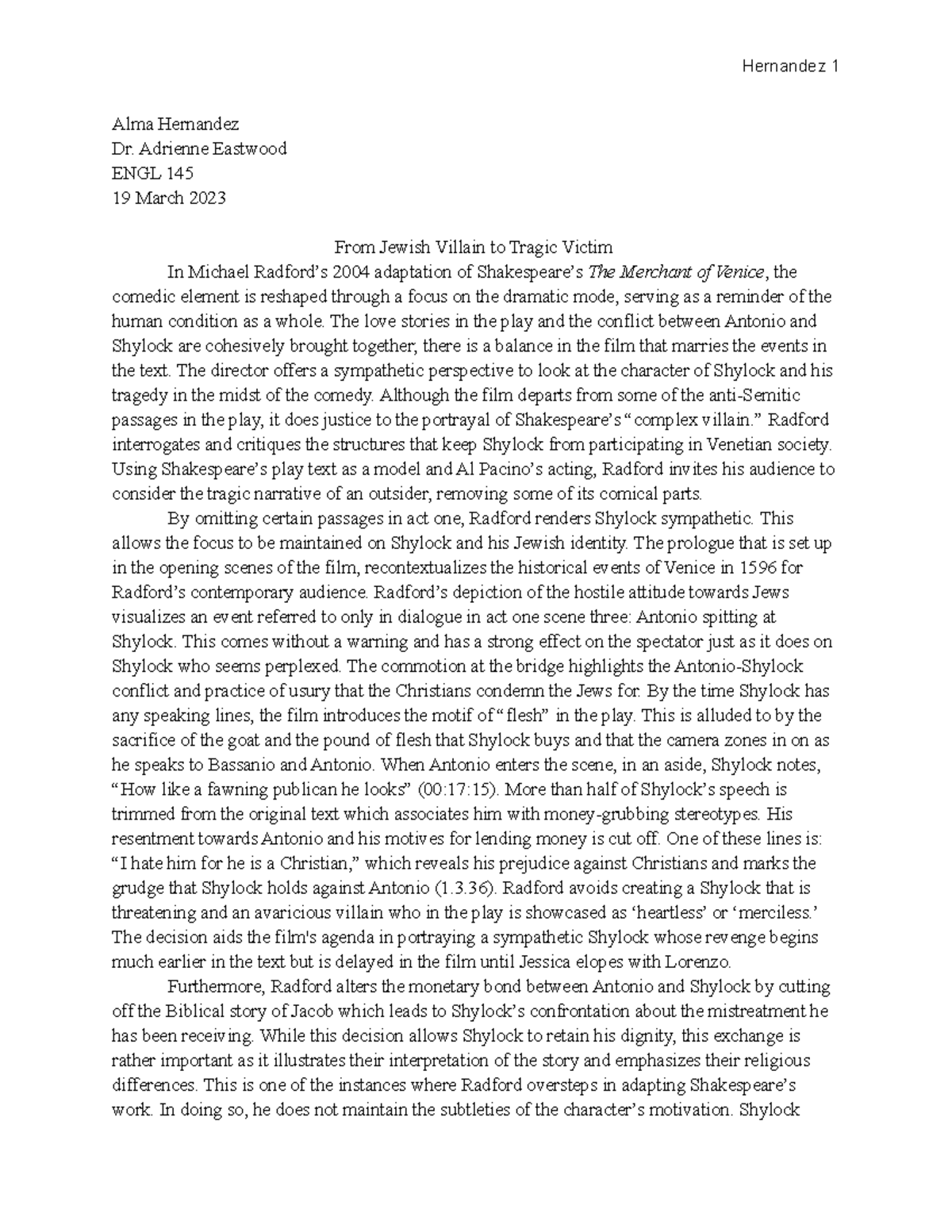 The Merchant of Venice Film Review - Alma Hernandez Dr. Adrienne ...