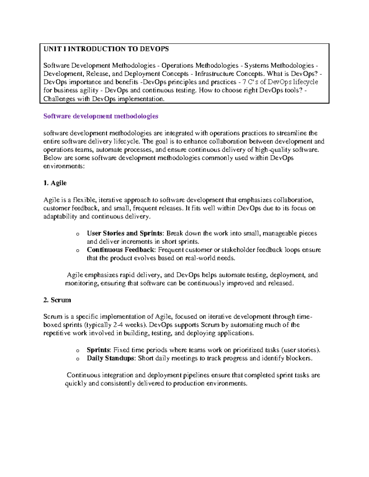 Devops 1 - reg - UNIT I INTRODUCTION TO DEVOPS Software Development Methodologies - Operations ...