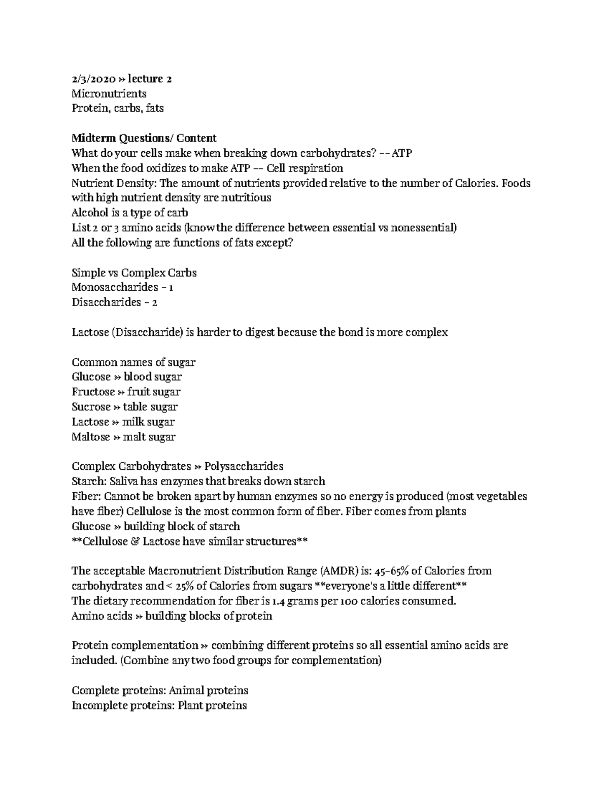 Nutrition lecture notes - 2/3/2020 → lecture 2 Micronutrients Protein ...