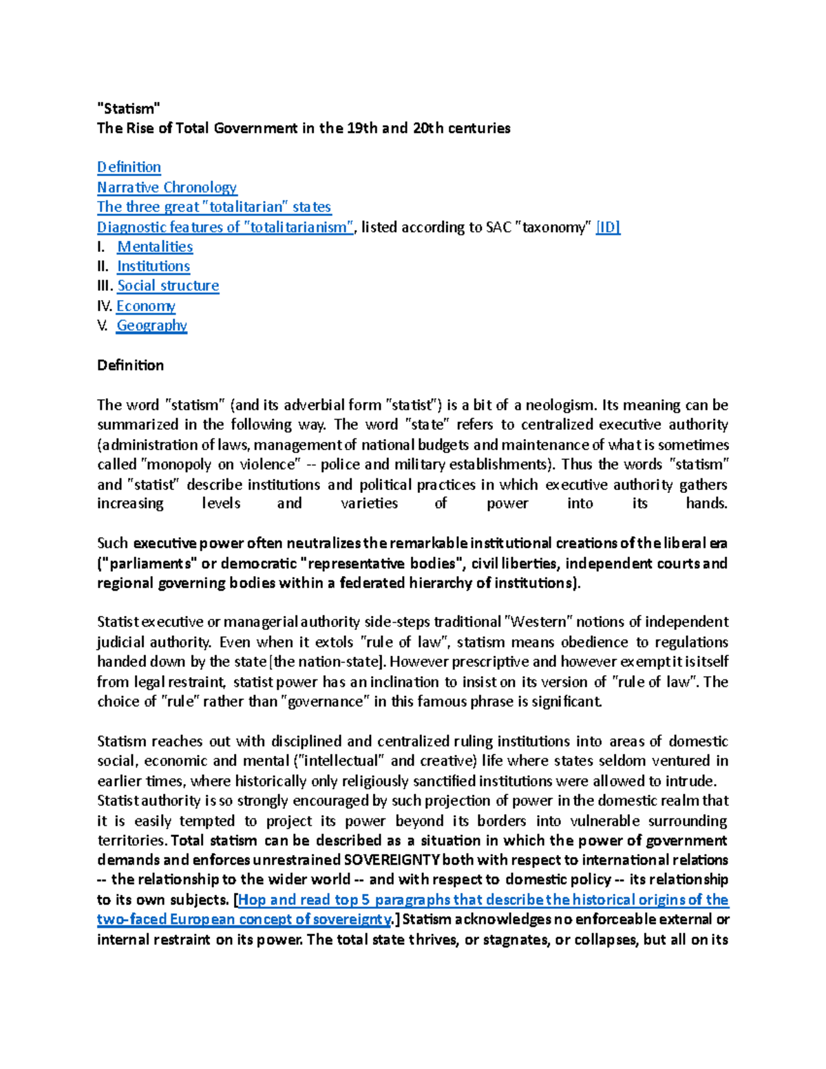 POL ECON Statism - Lecture. - "Statism" The Rise of Total Government in ...