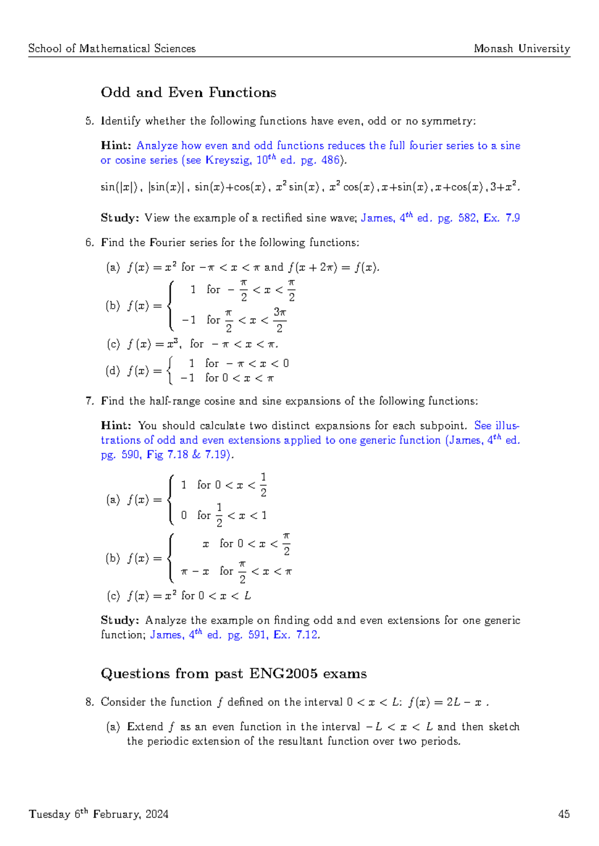 ENG2005 Exercises Book 4 2 Fourier Series 5 ODEs - Odd and Even Functions Identify whether the ...