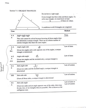 Plane Trigonometry 7.2 Notes - LAW OF COSINES (SAS) Given triangle ABC ...