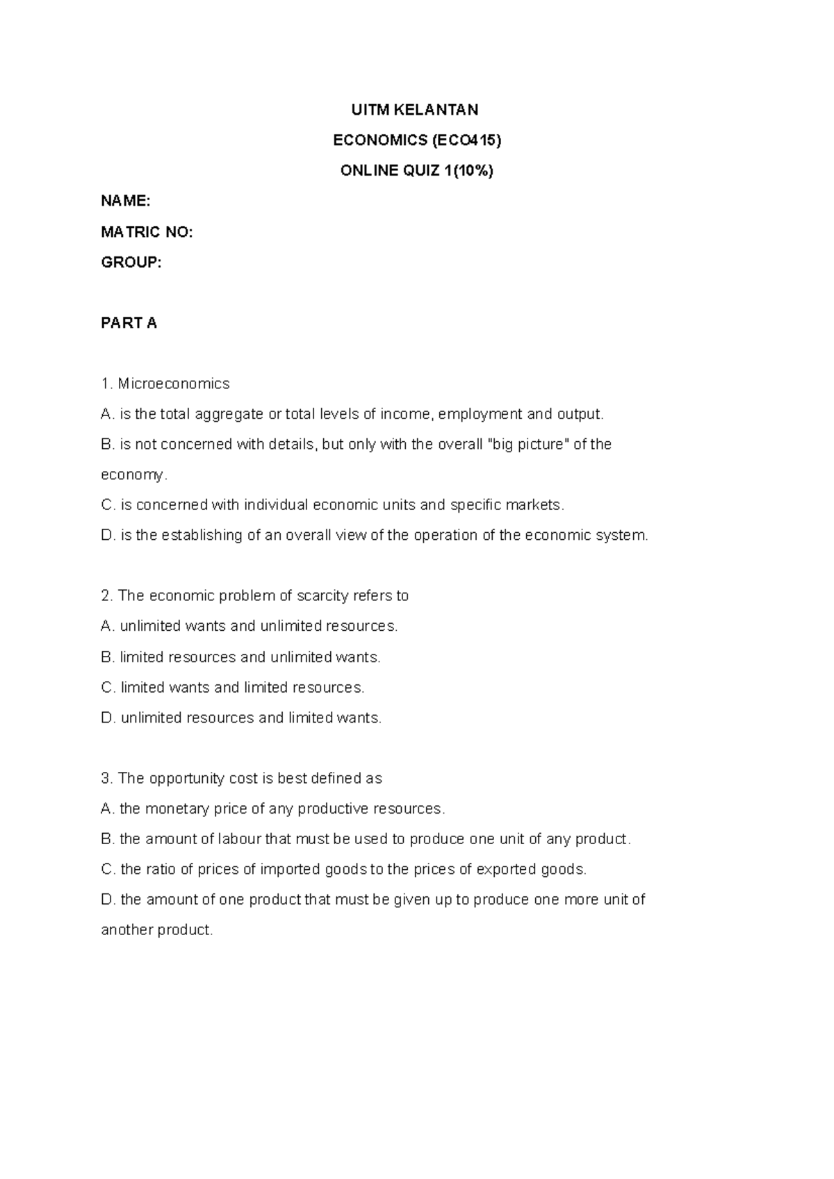 QUIZ 1 - ECO PRACTICE MATERIALS - UITM KELANTAN ECONOMICS (ECO415 ...