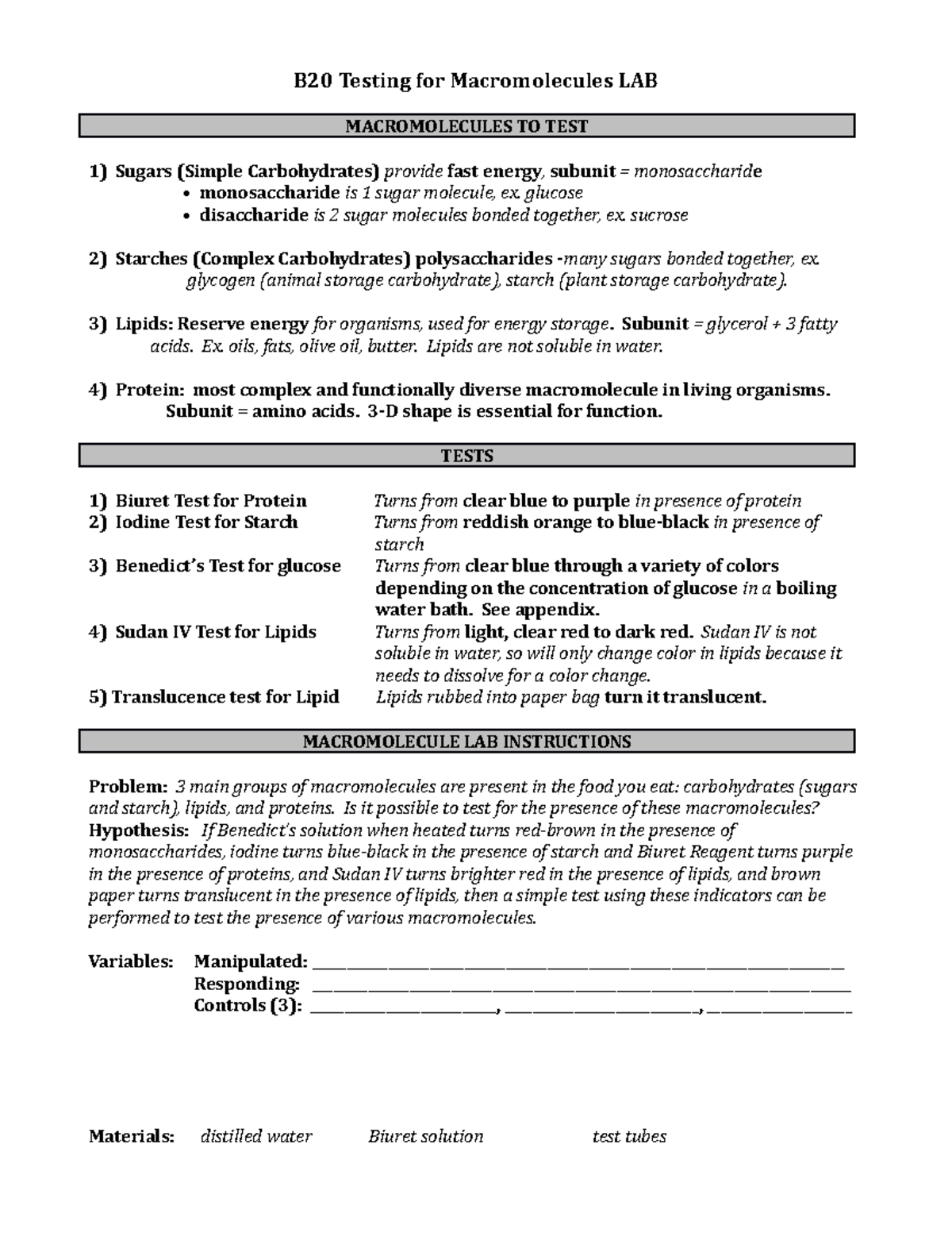 B20 Testing for Macromolecules LAB - B20 Testing for Macromolecules LAB ...