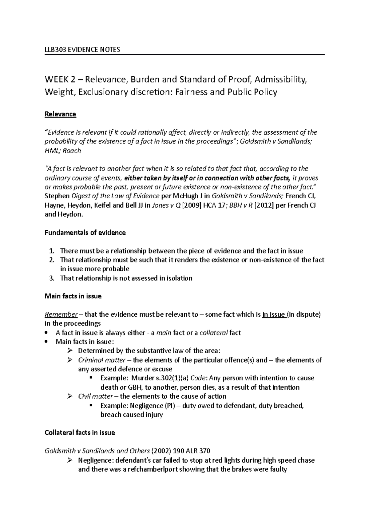 LLB303 Evidence Notes - LLB303 EVIDENCE NOTES WEEK 2 – Relevance ...