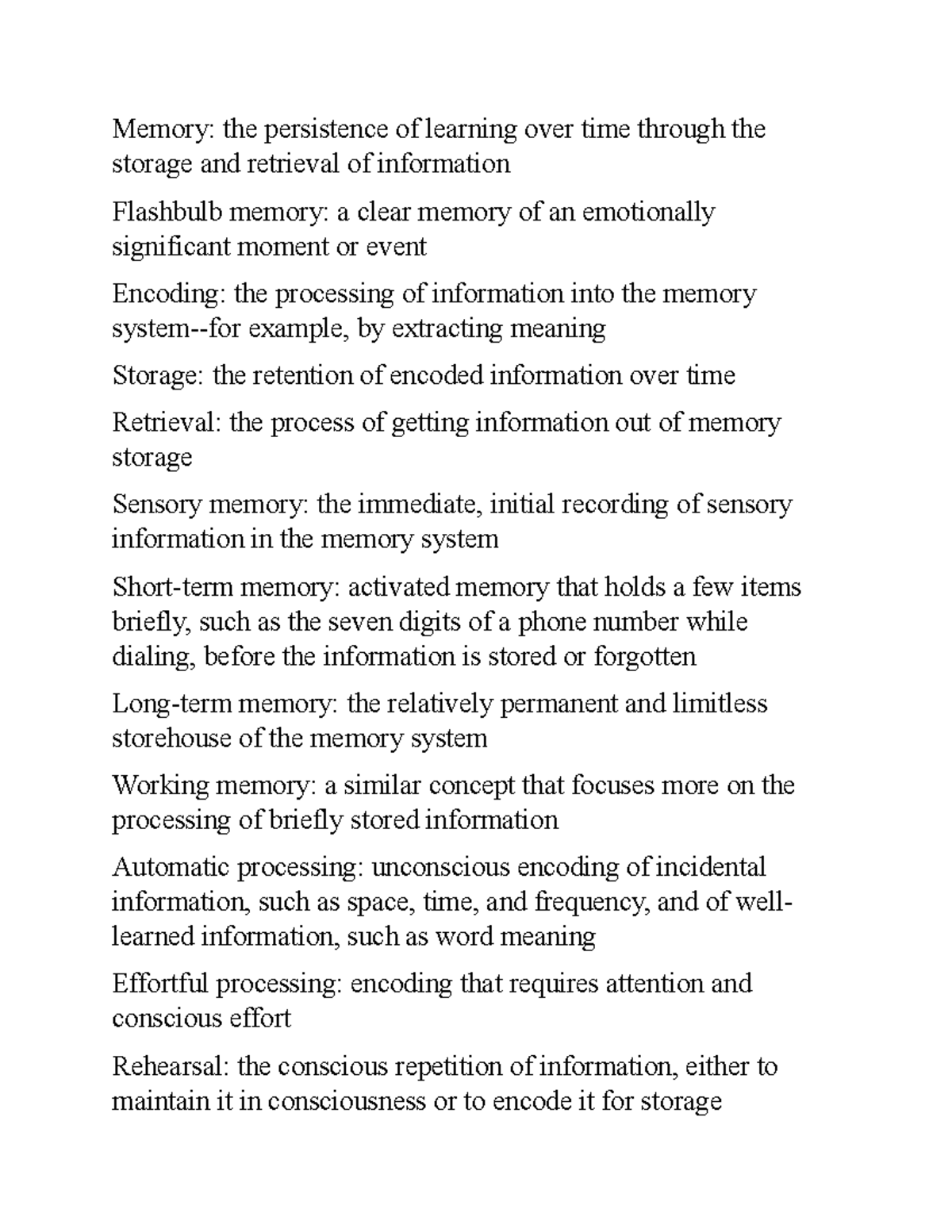 AP Psychology - Memory Terms 1 - Memory: the persistence of learning ...