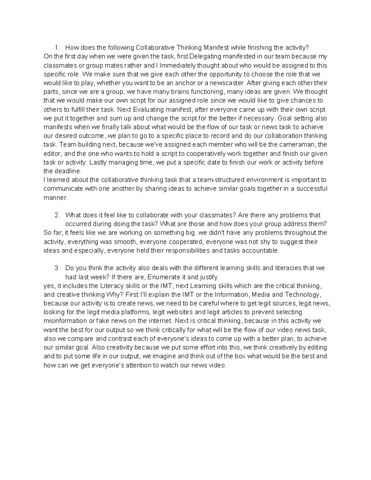 Collaborative Thinking Reflection - How does the following ...