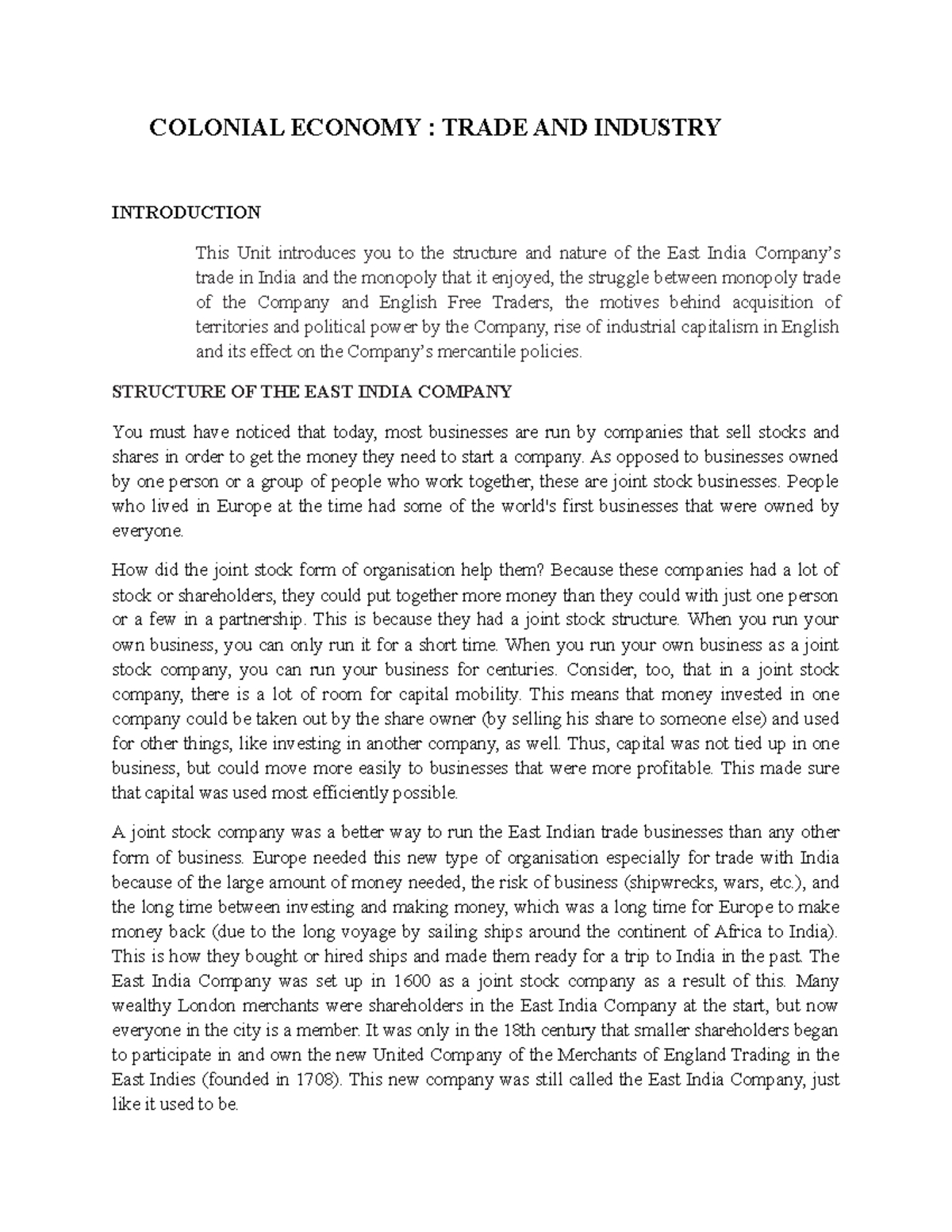 Colonial Economy Trade AND Industry - COLONIAL ECONOMY : TRADE AND ...