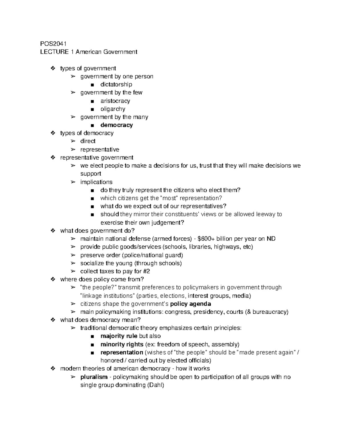 Lecture notes, lectures 1-3, 5 - POS2041 LECTURE 1 American Government ...
