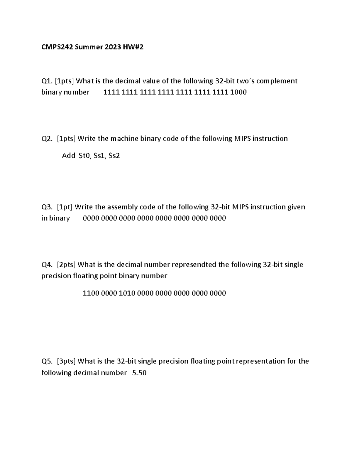 Cmps242-hw2 - CMPS242 Summer 2023 HW# Q1. [1pts] What is the decimal ...
