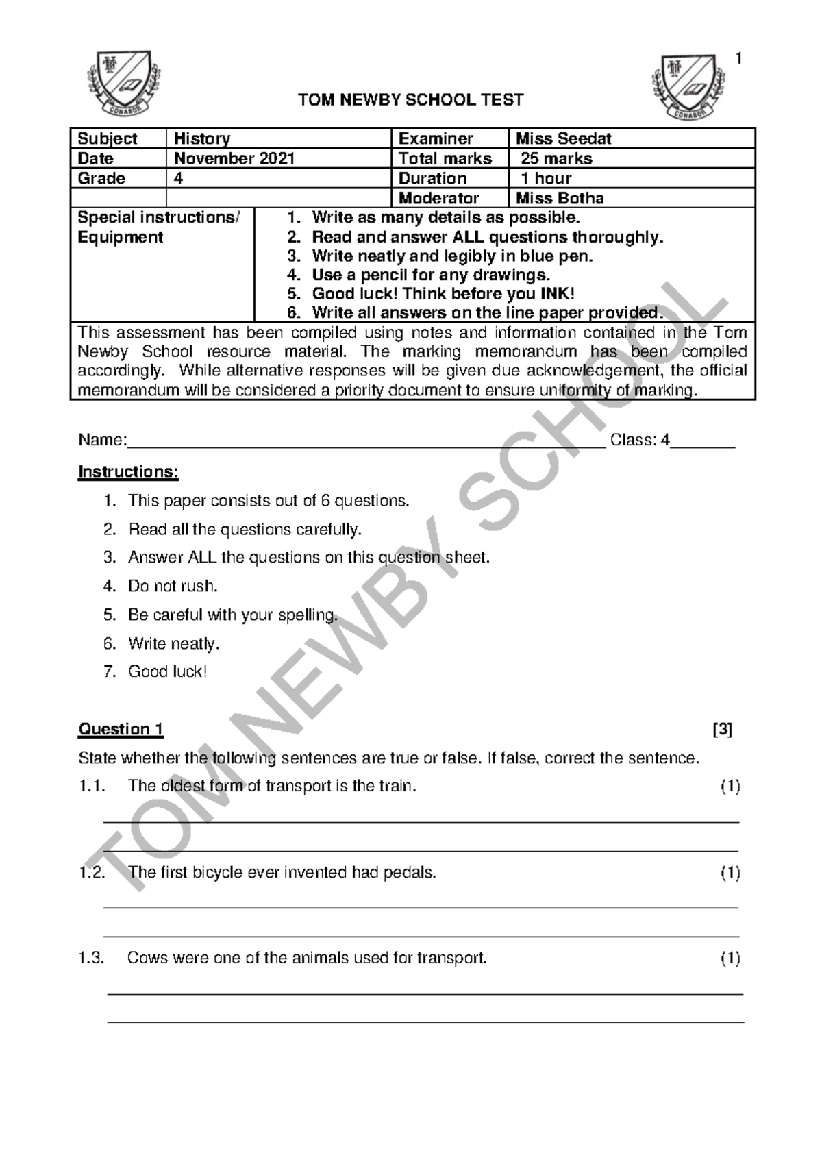 Grade 4 History Exam November 2021 - TOM NEWBY SCHOOL TEST Subject ...