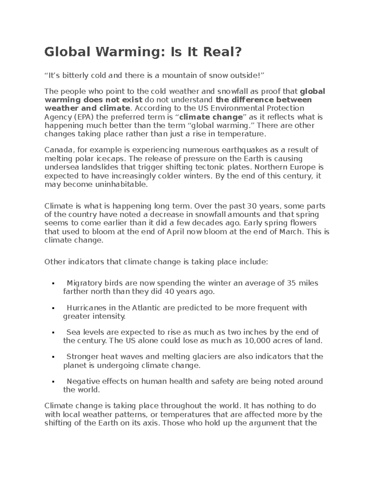 Global Warming Real Essay - Global Warming: Is It Real? “It’s bitterly ...