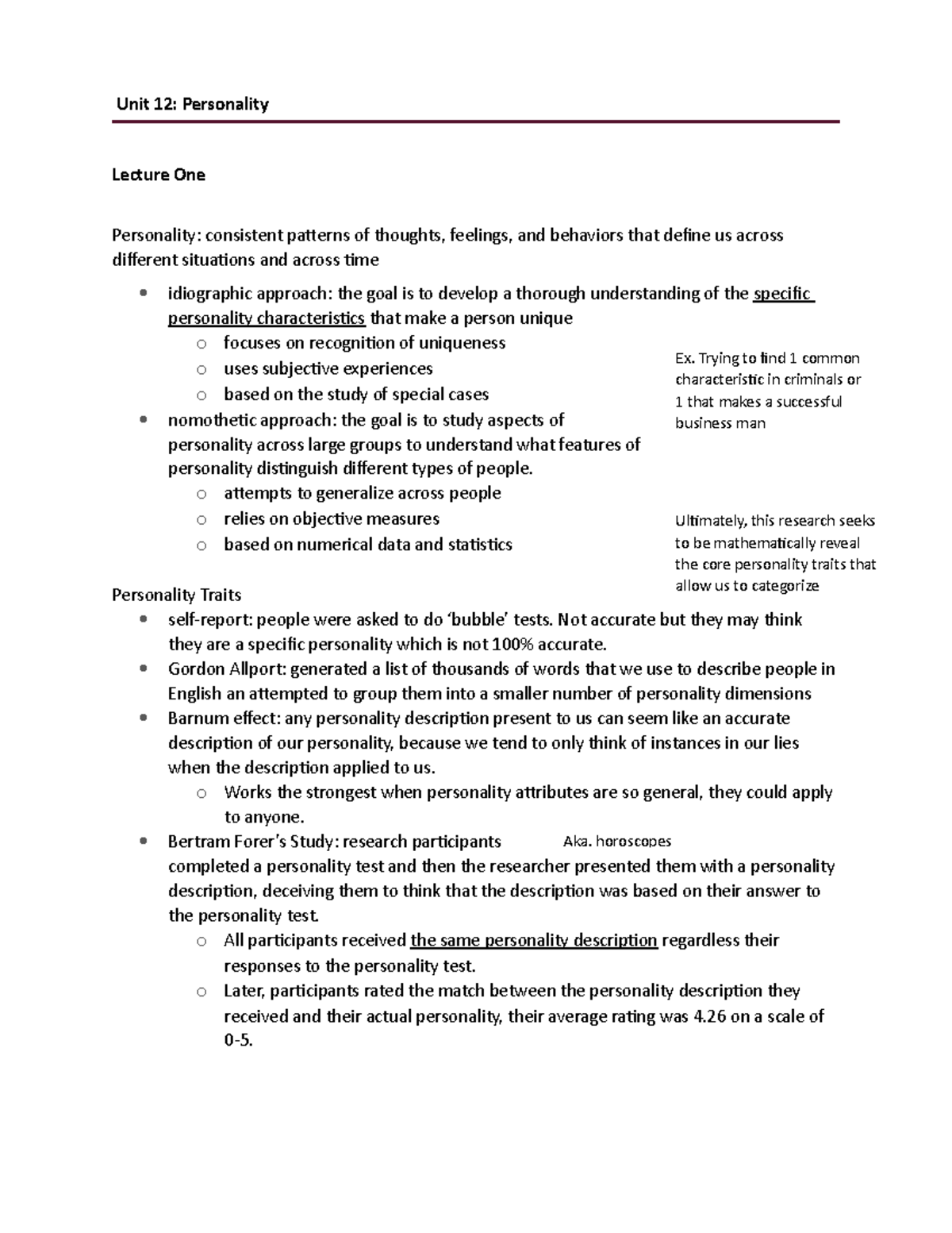 Unit 12 - Lecture notes 12 - Unit 12: Personality Lecture One ...
