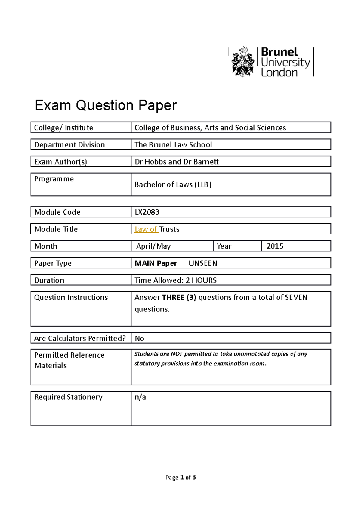 Trusts Law exam - Exam Question Paper College/ Insitute College of ...
