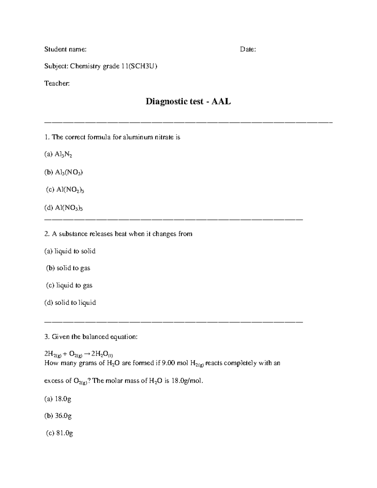 Diagnostic Test G11 SCH3U AAL - Student name: Date: Subject: Chemistry ...