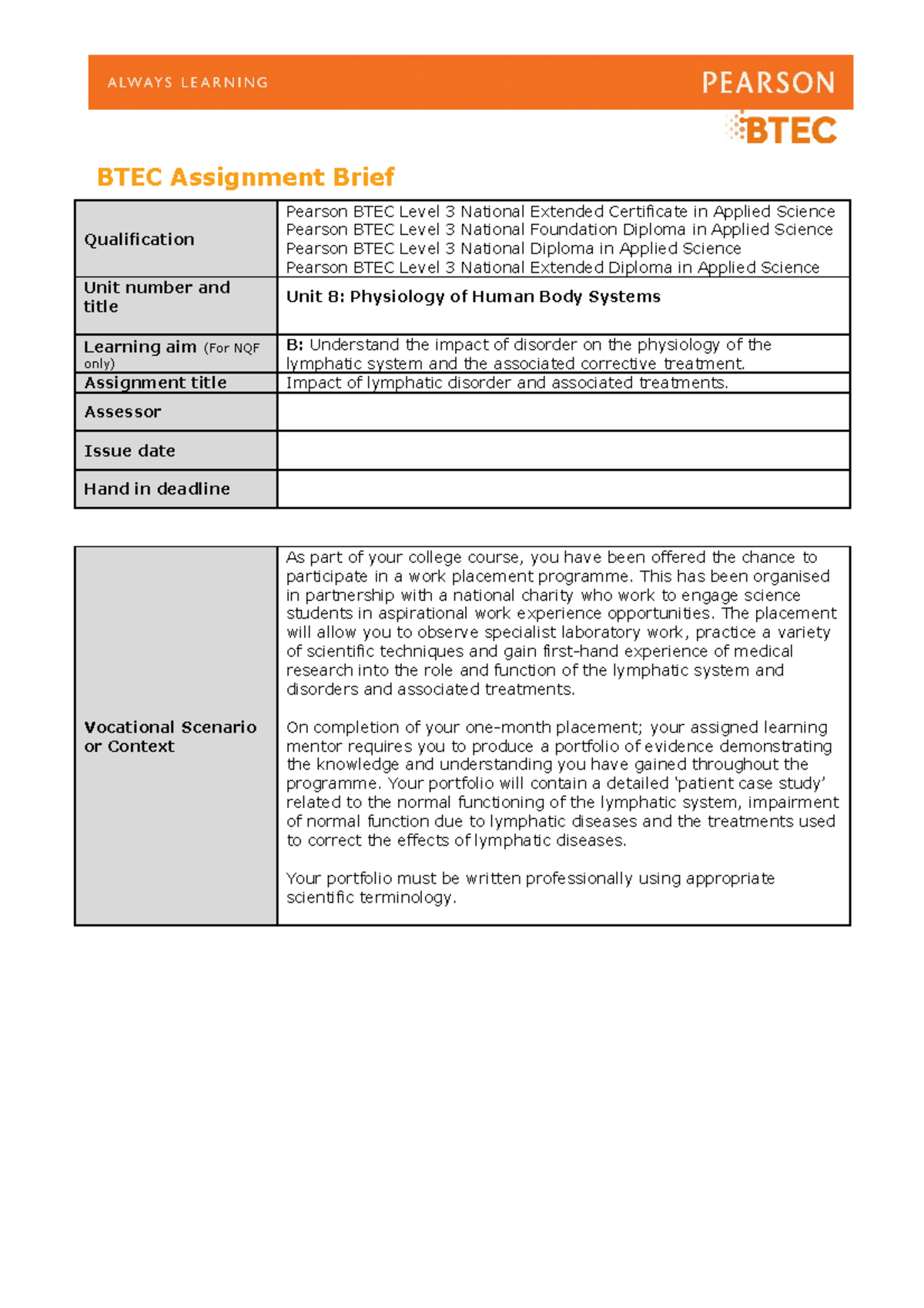 Assignment Brief Unit 8b and the other stuff in this unit - BTEC ...