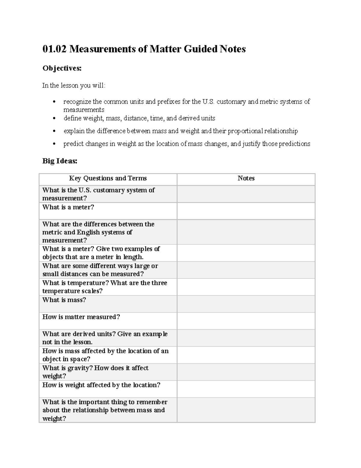 01 02 notes - 01 Measurements of Matter Guided Notes Objectives: In the ...