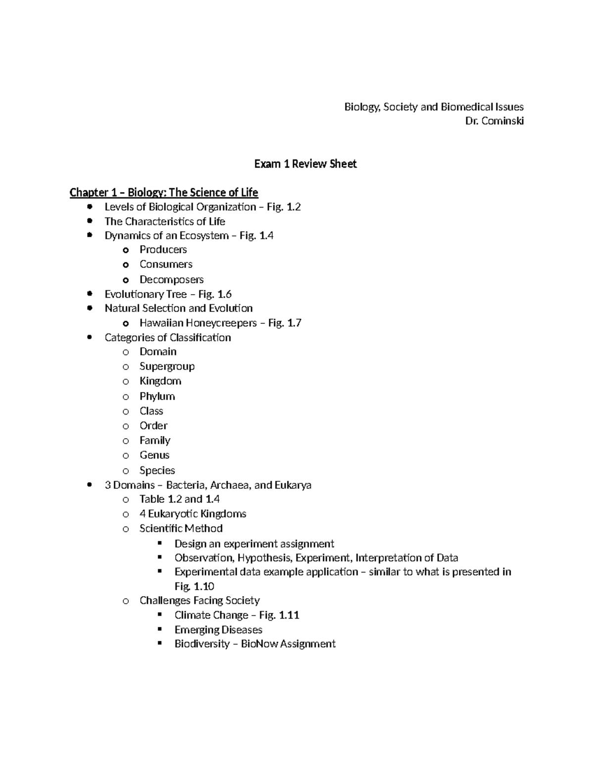 Bio Society Exam 1 Review Sheet - Biology, Society and Biomedical ...