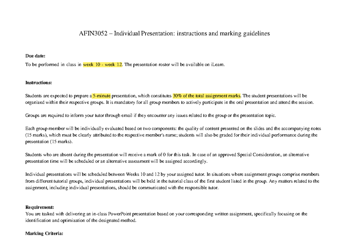 AFIN 3052 Individual presentations Instructions and marking guide ...