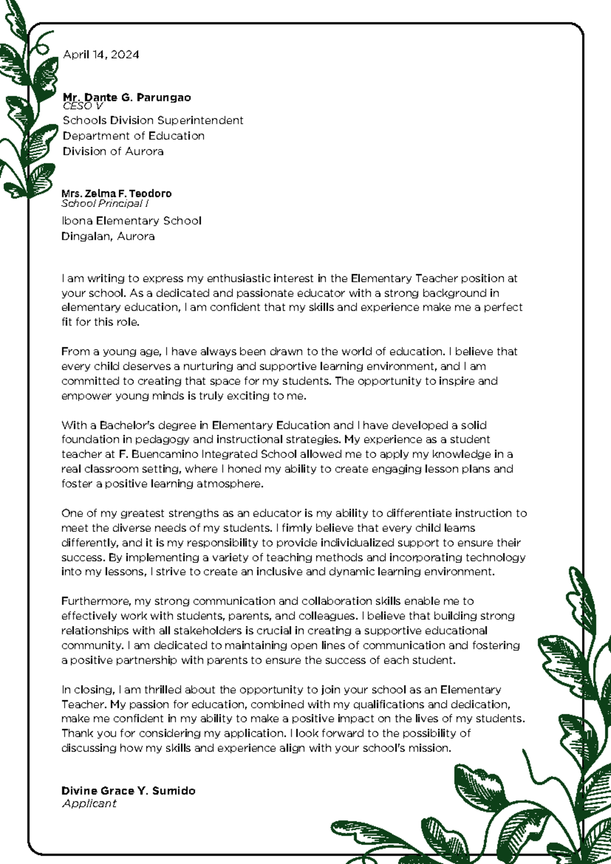 Green and White Floral Application Cover Letter - I am writing to ...