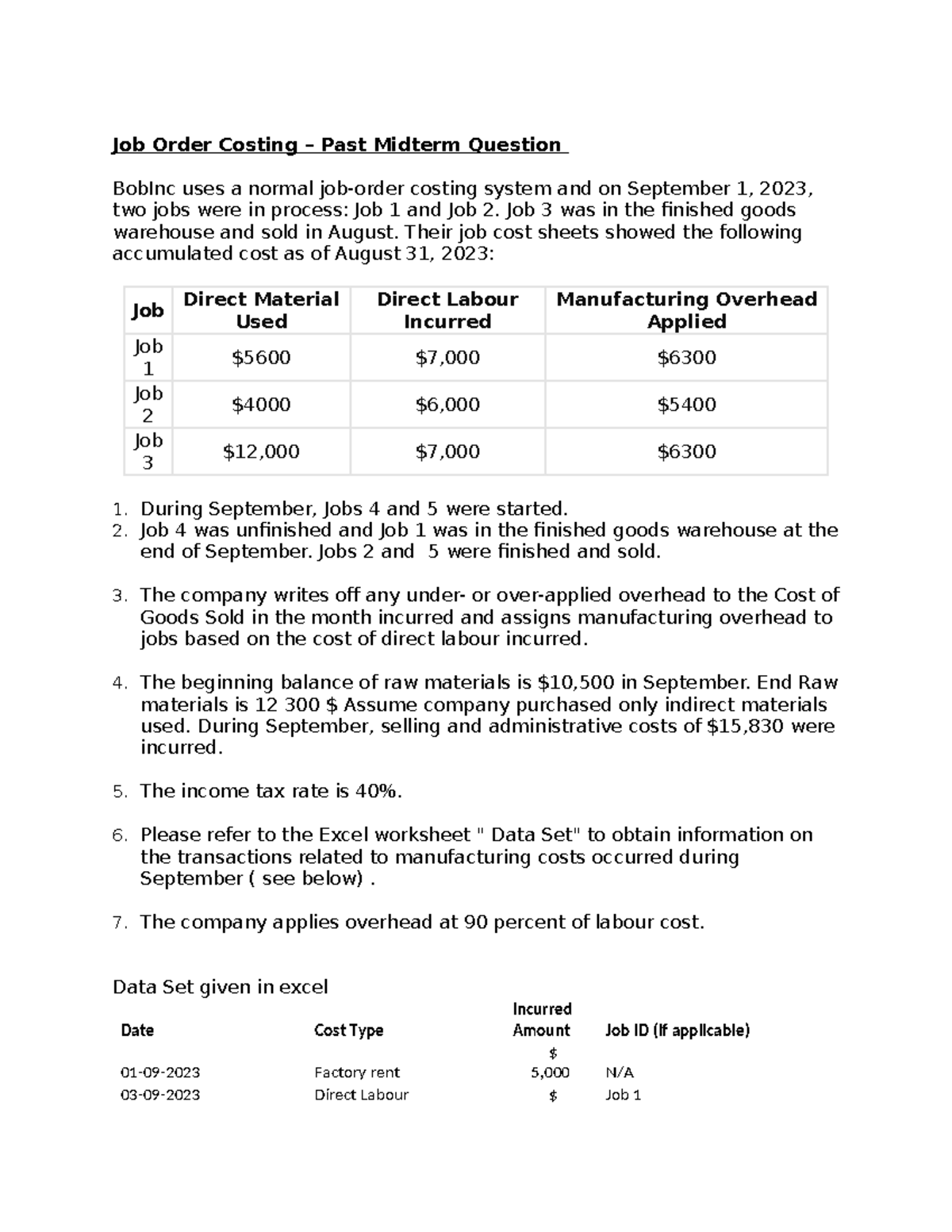 1 JOB COST Problem Exam problem - Job Order Costing – Past Midterm ...