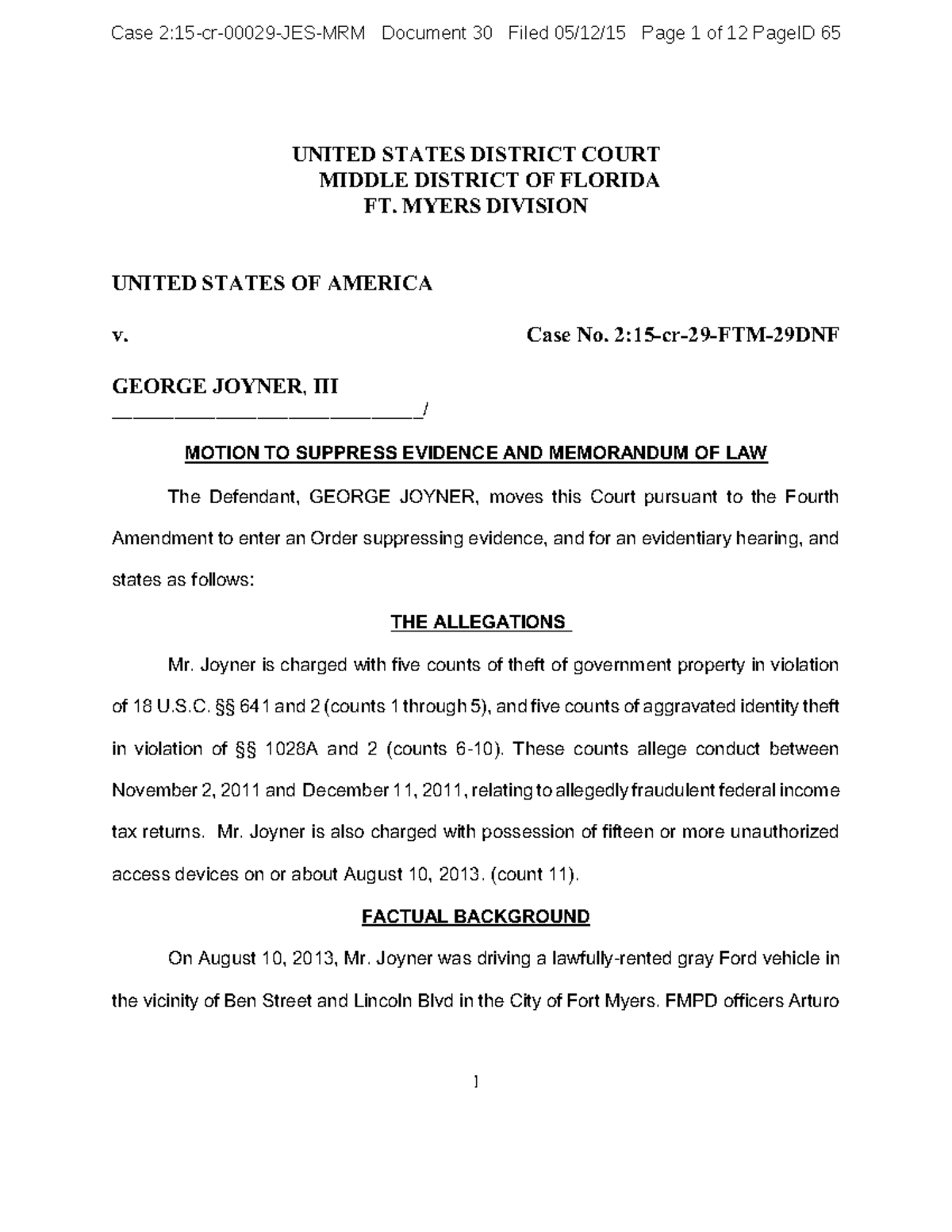 Joyner Motion-to-Suppress-Evidence-Doc - UNITED STATES DISTRICT COURT ...
