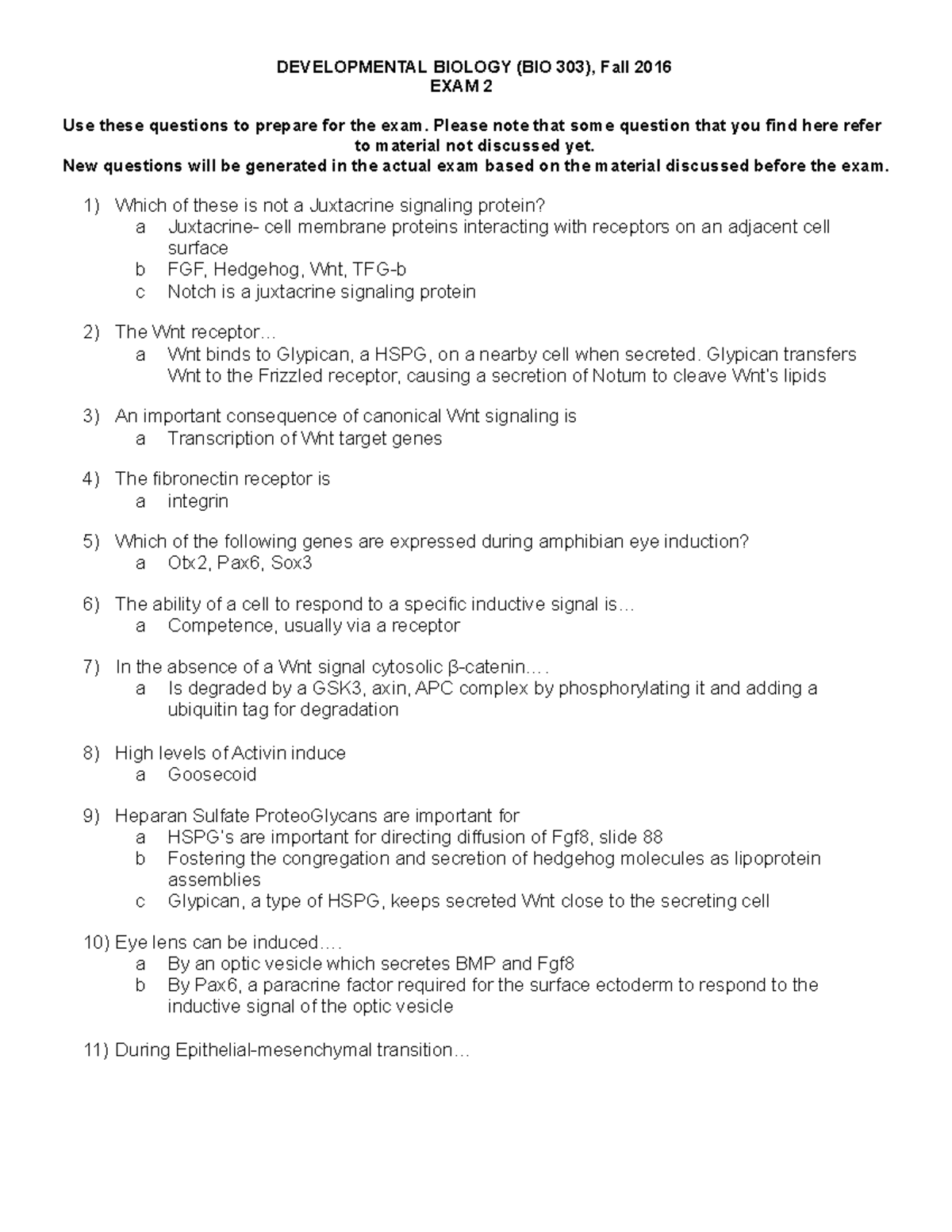 Dev Bio Exam 2 Review Questions - DEVELOPMENTAL BIOLOGY (BIO 303), Fall ...