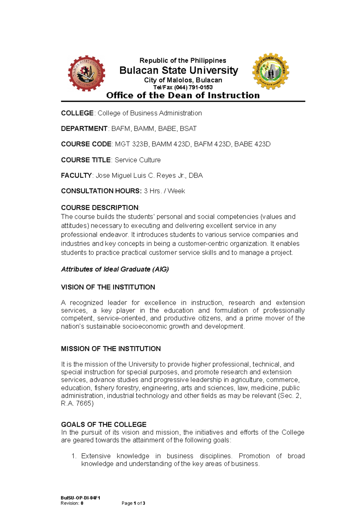 ISO-OBE-Syllabus- Service Culture - Republic of the Philippines Bulacan ...