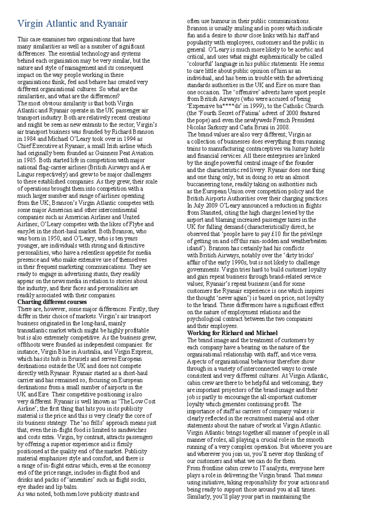 CASE 01 - Virgin Atlantic and Ryanair - Virgin Atlantic and Ryanair ...