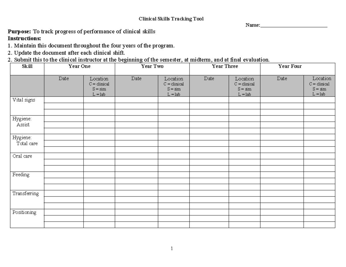 Clinical Skills Tracking Tool - Name: Purpose: To track progress of ...