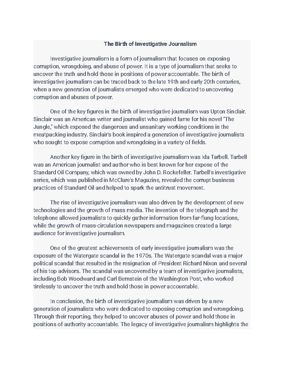The Birth of Investigative Journalism Essay - The Birth of ...