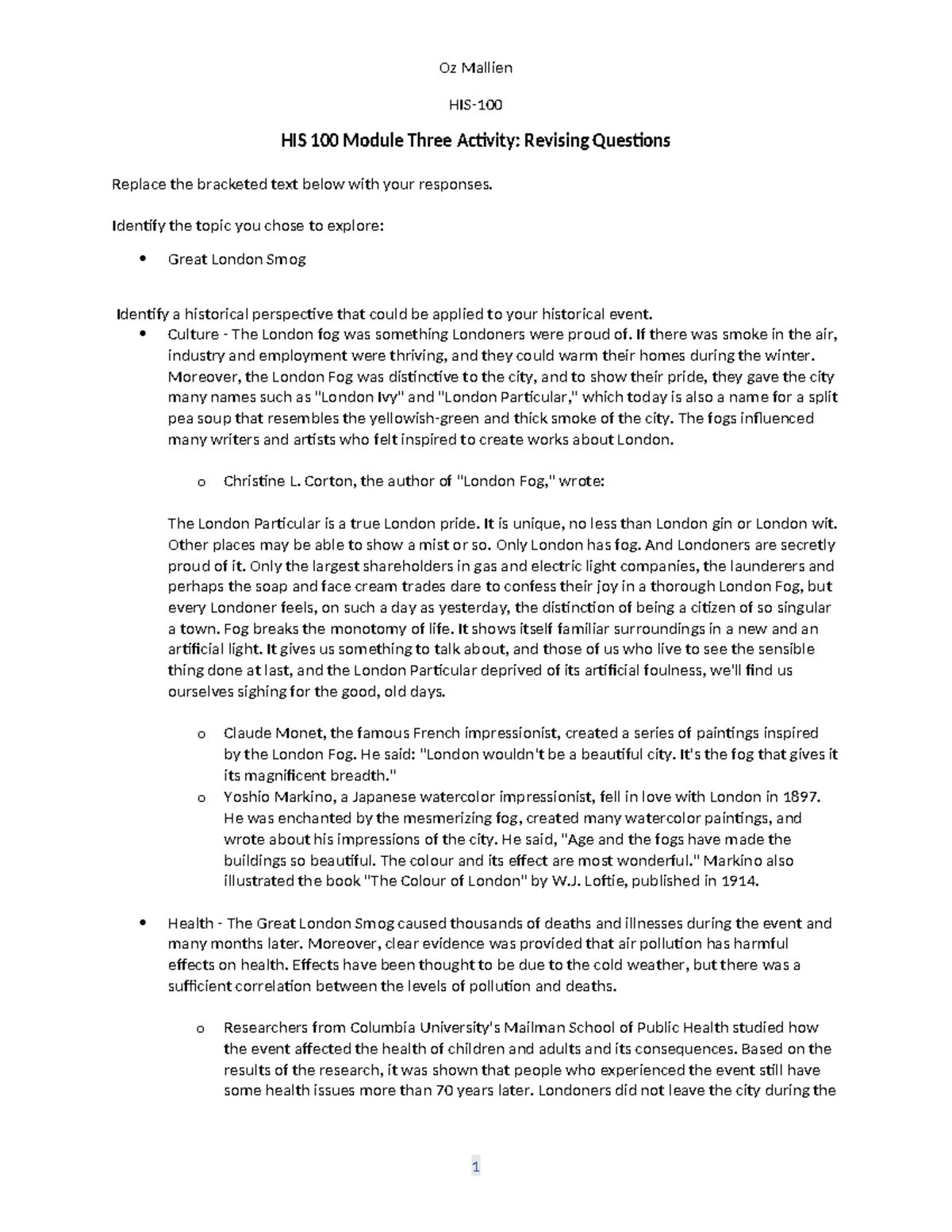 HIS 100 Module Three Activity Revising Question - Oz Mallien HIS- HIS ...