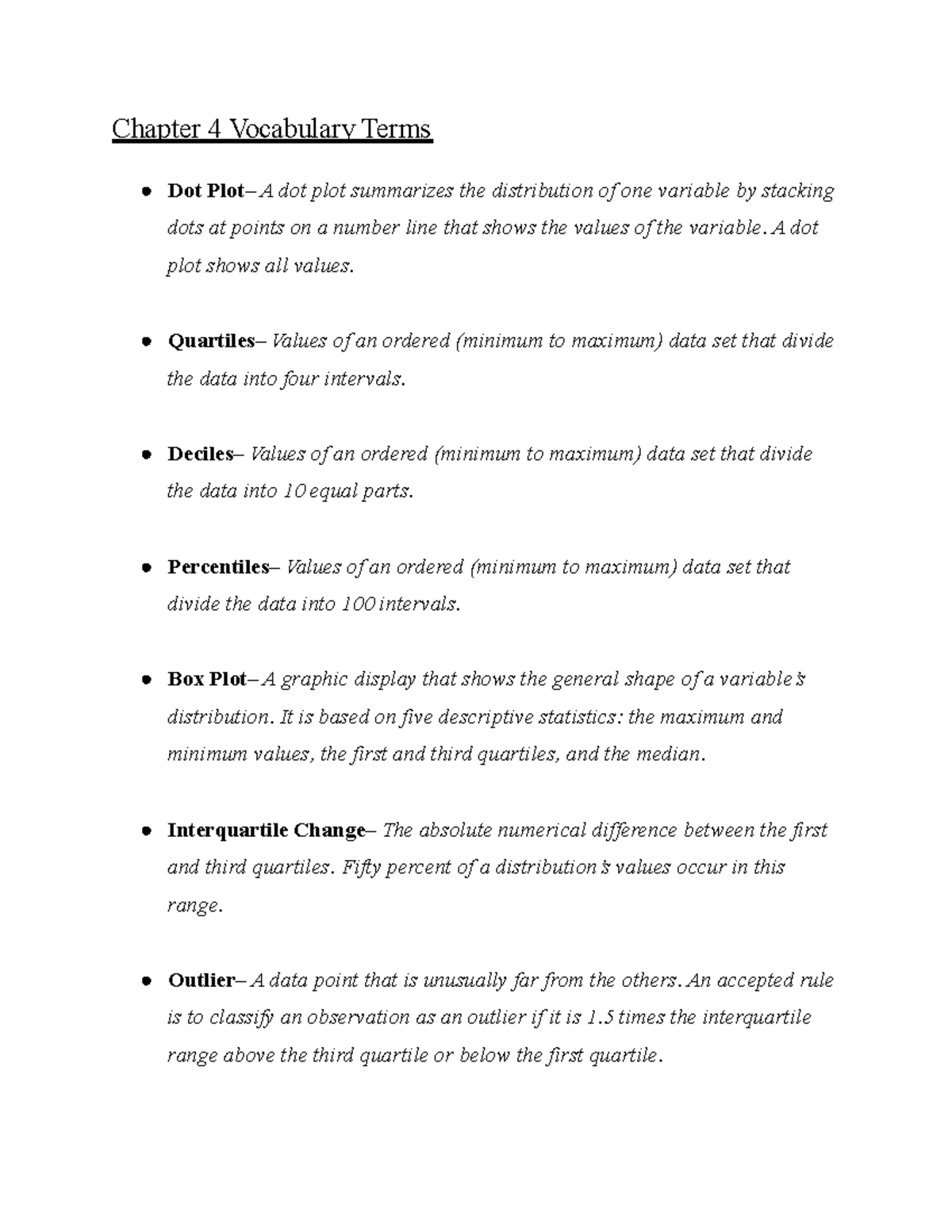 Chapter 4 Vocabulary Terms - Chapter 4 Vocabulary Terms Dot Plot– A dot ...