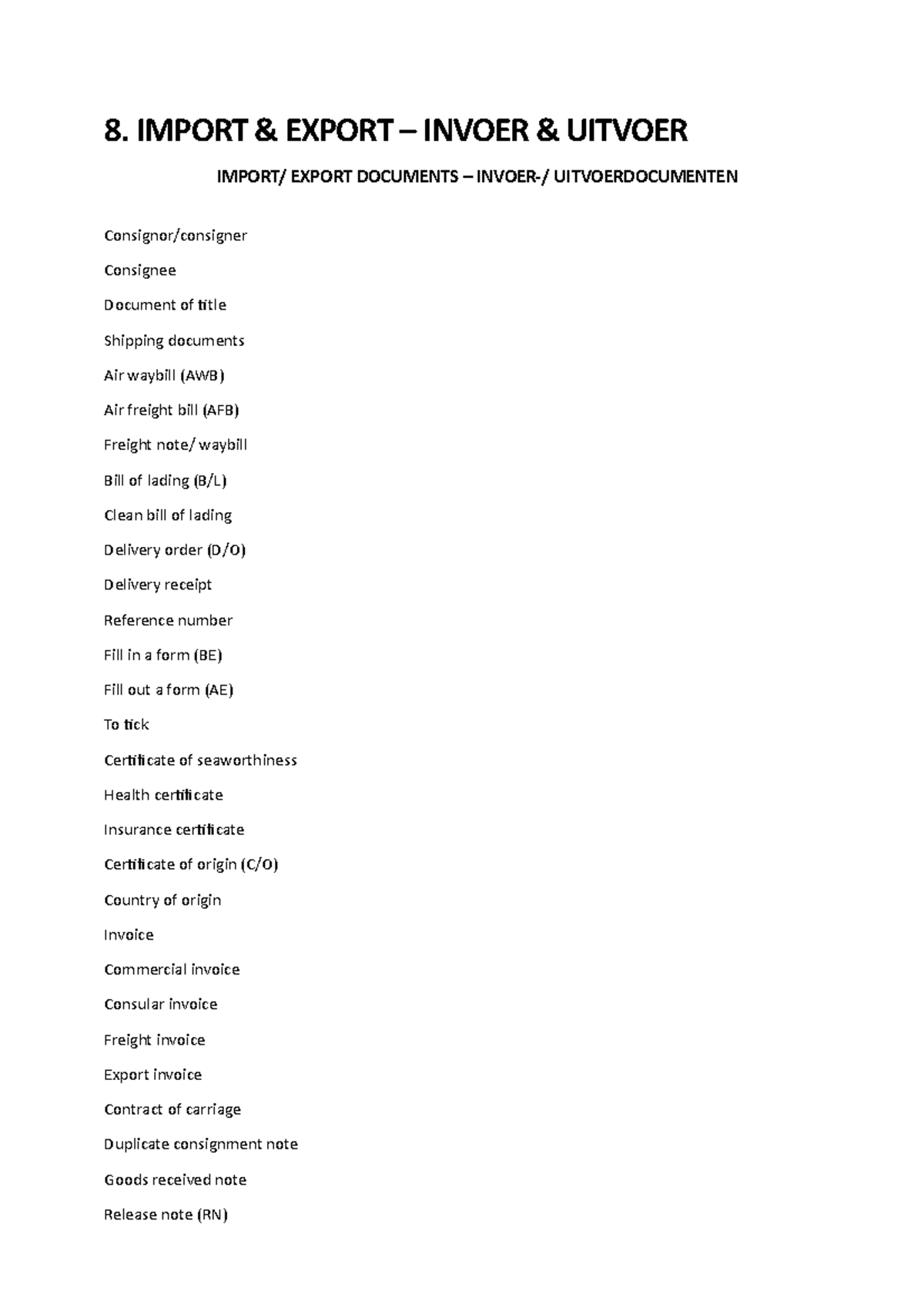 Woordjes Business English - 8. IMPORT & EXPORT – INVOER & UITVOER ...