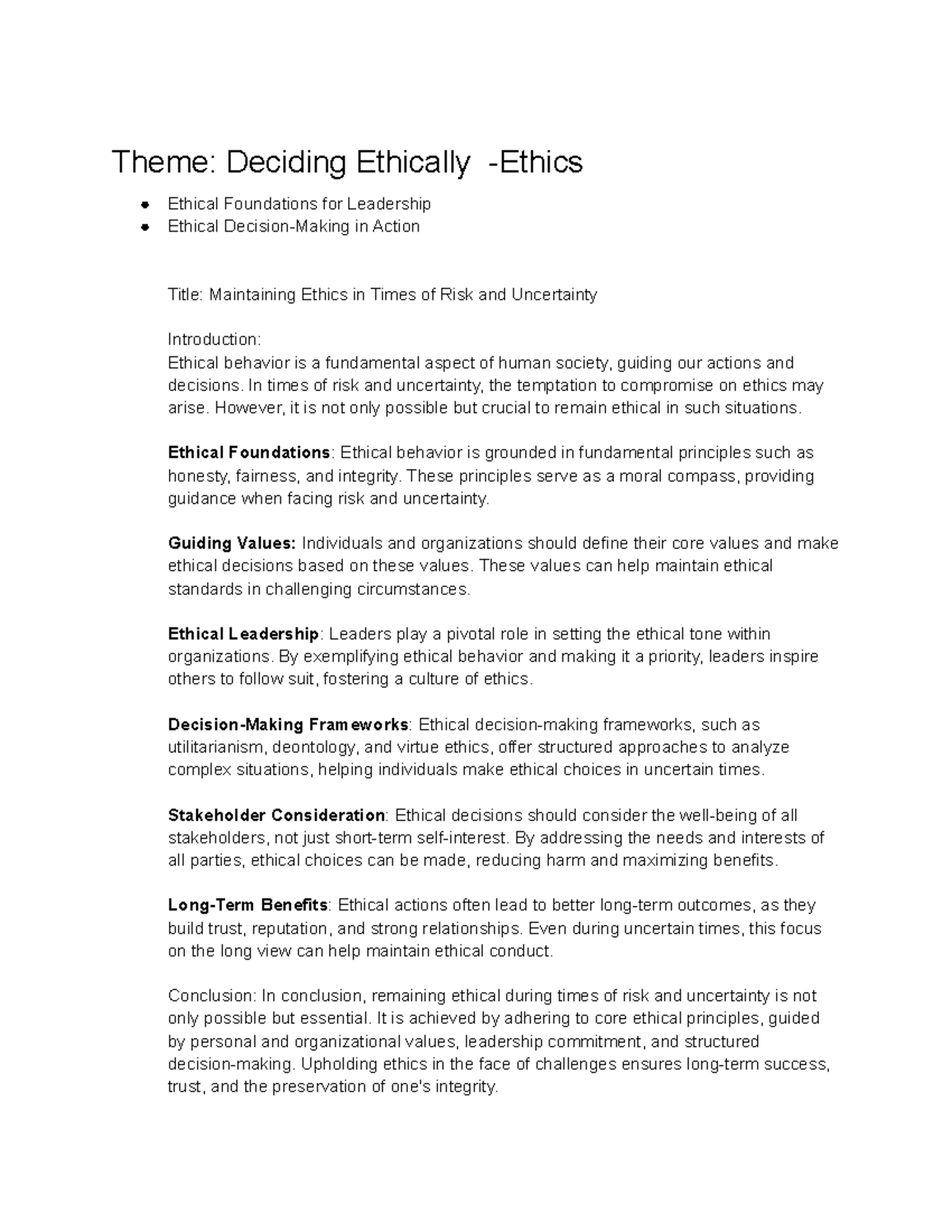 MNO2705 - notes for assignment - Theme: Deciding Ethically -Ethics ...
