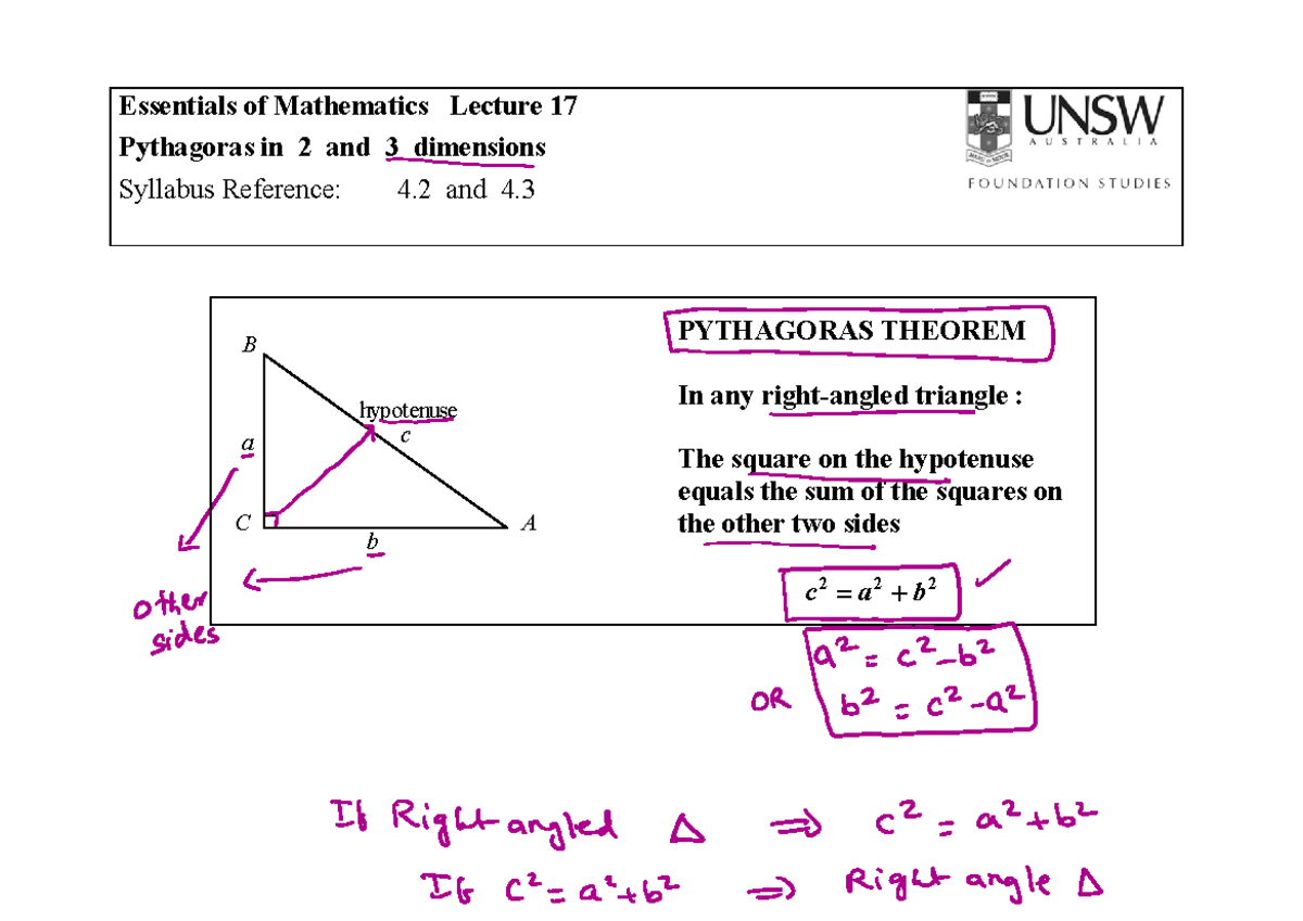 L17 Pythagoras in 2 and 3 Dimensions Solution - Essentials of Mathematics Lecture 17 Pythagoras ...