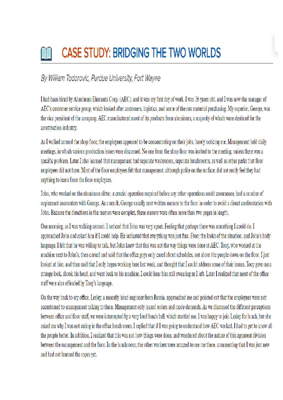 Case Study Chapter 3 BRIDGING THE WORLDS - Organizational Behaviour ...