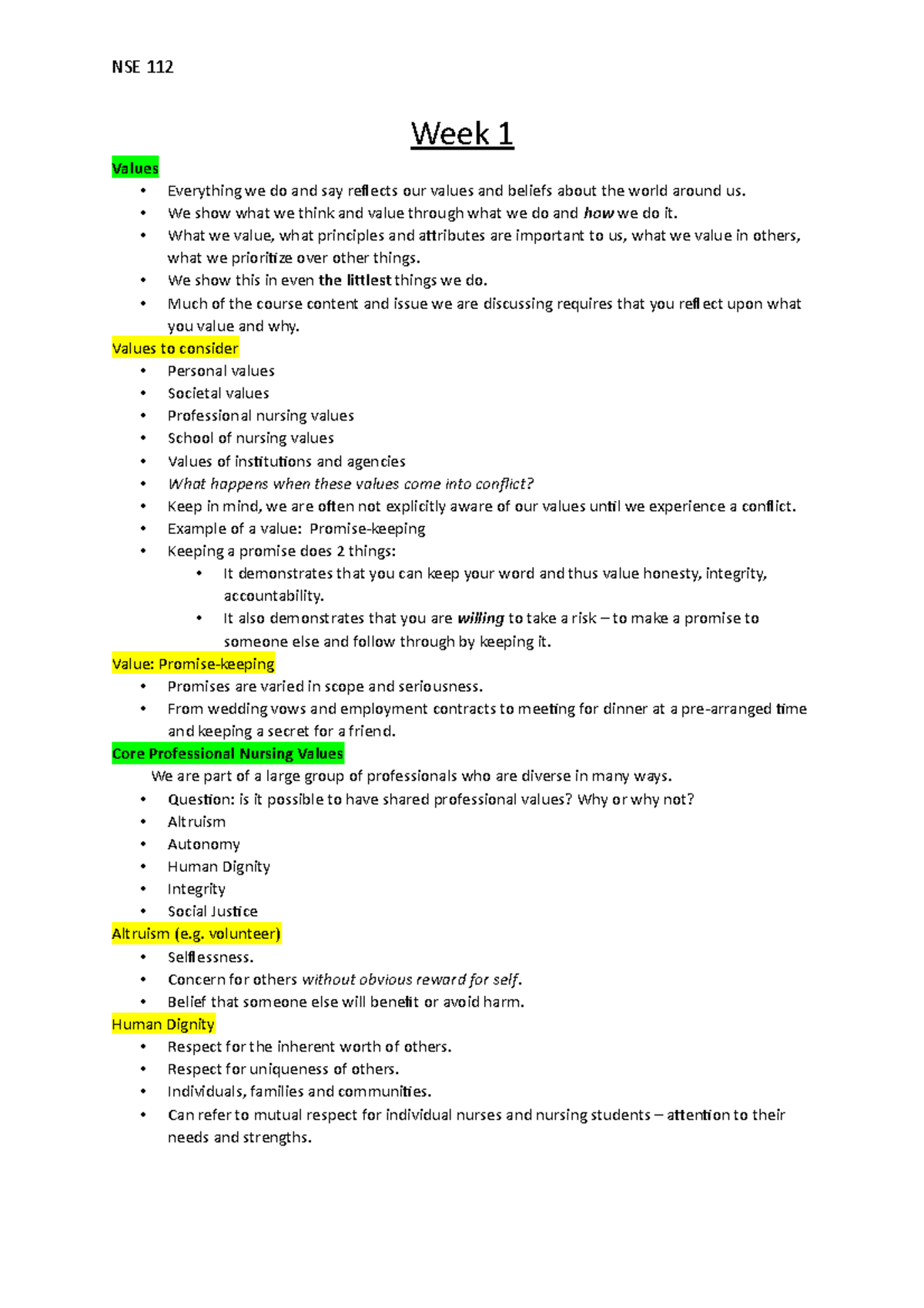 Week 1 note - Lecture notes 1 - NSE 112 Week 1 Values • Everything we ...