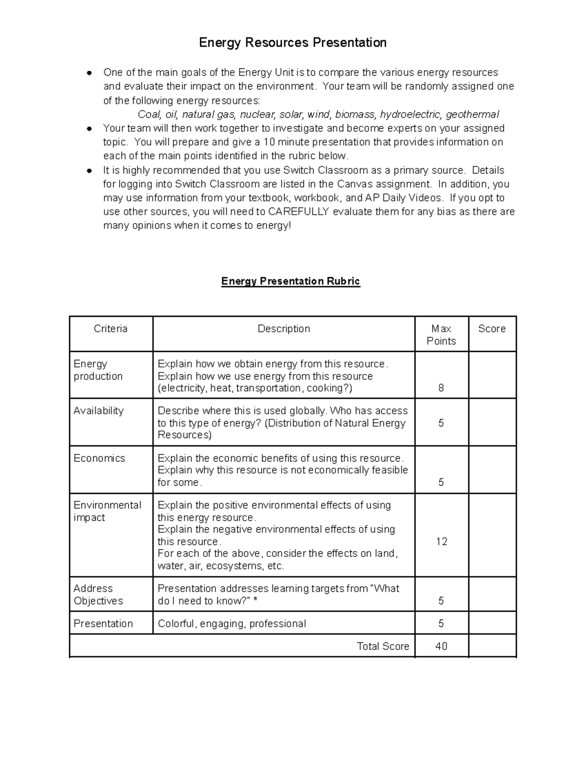 01 Energy Resources Presentation Explanation and Rubric - Energy ...