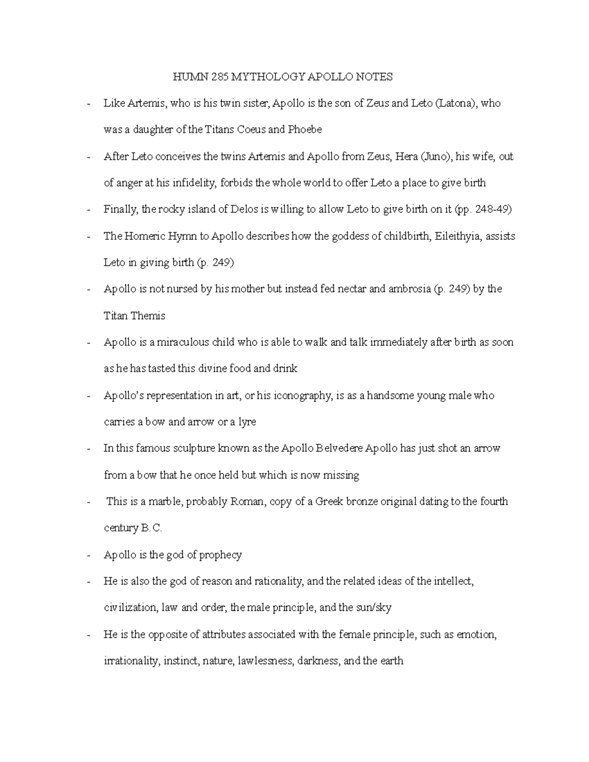 HUMN 285 Mythology Apollo Notes - HUMN 285 MYTHOLOGY APOLLO NOTES Like ...